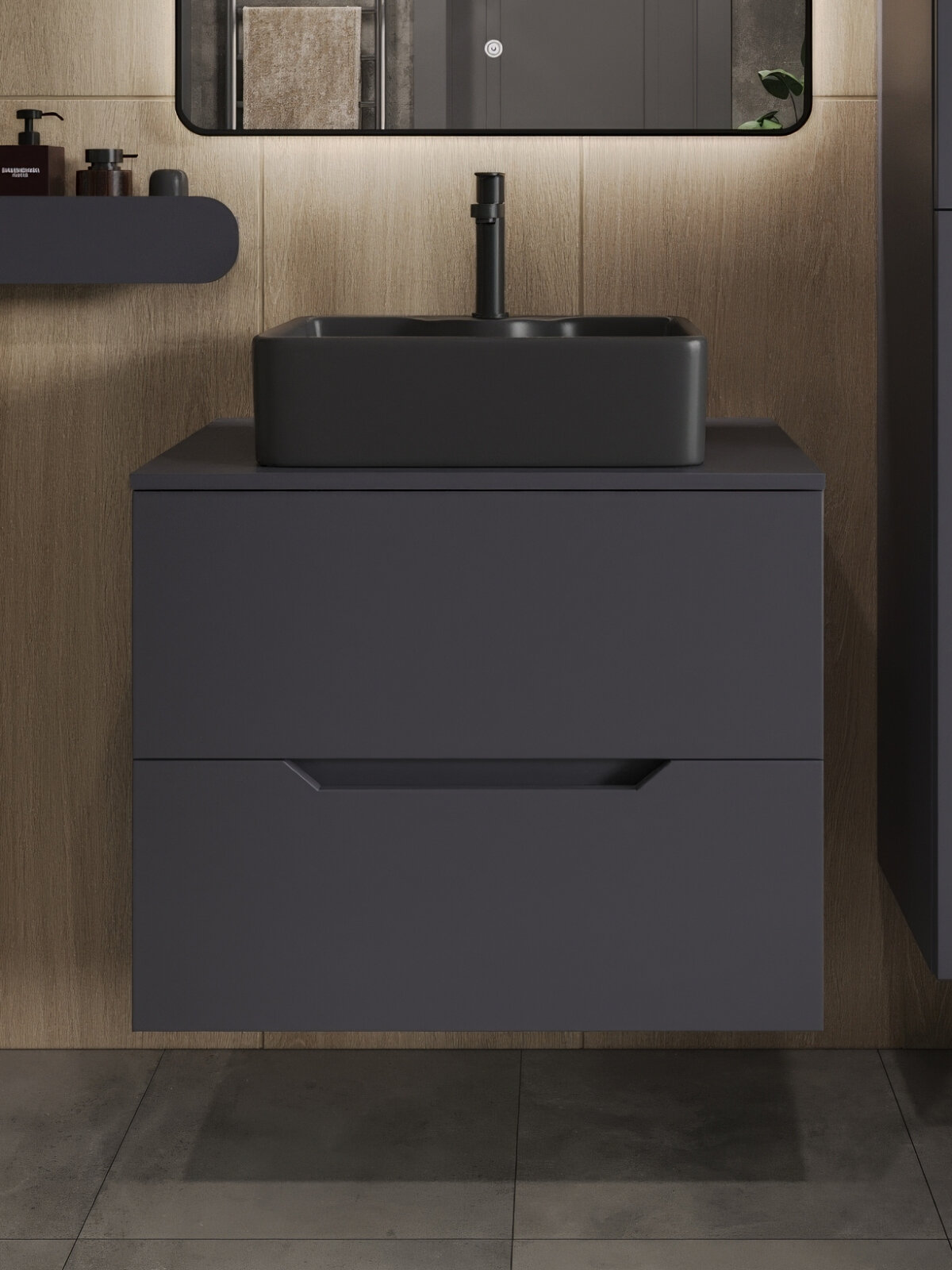 Тумба с раковиной подвесная 70 см Orange Line Li-70TugMDF+B01-475MB, графит матовый