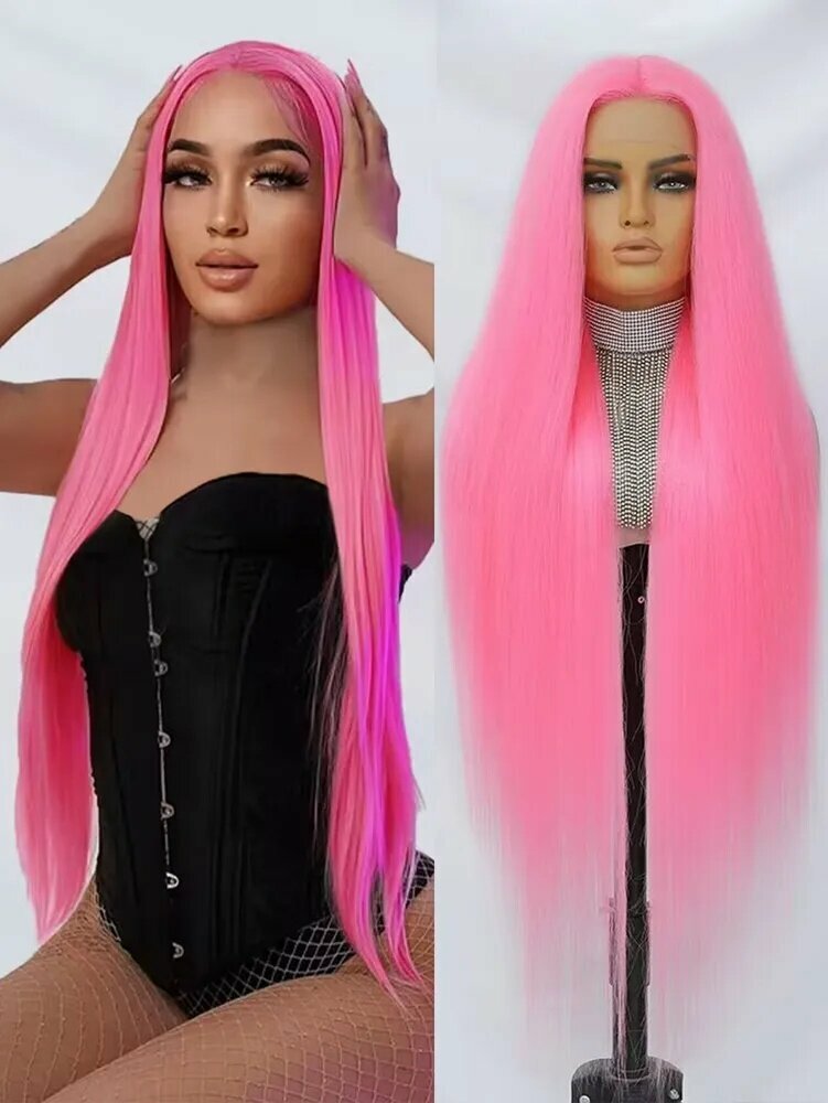 Парик SEENICE длинный прямой с кружевной чёлкой (Lace Front) 100 см для косплея, искусственные волосы, розовый
