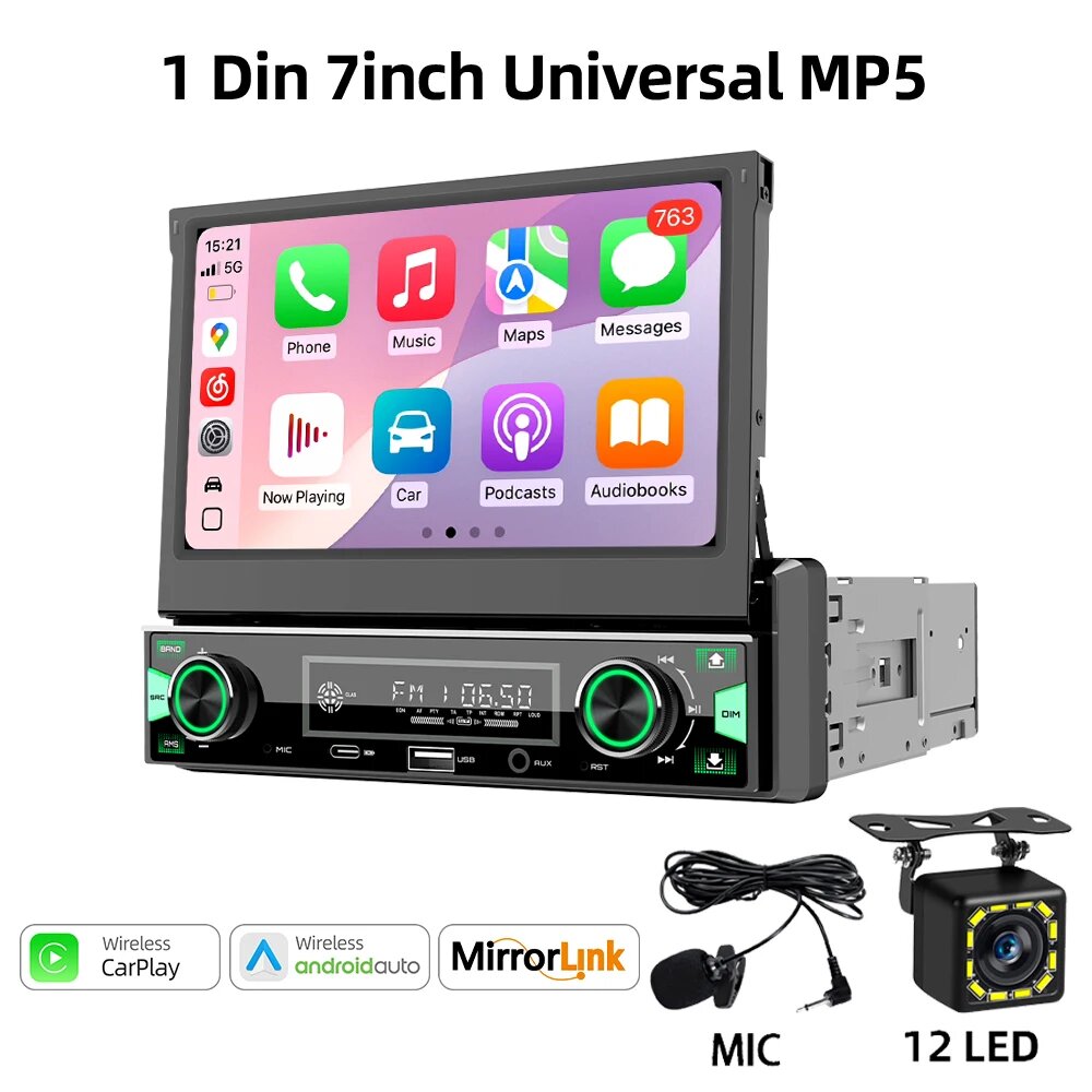 Автомагнитола 1DIN 7" MP5 CarPlay Android с 12 LED MIC