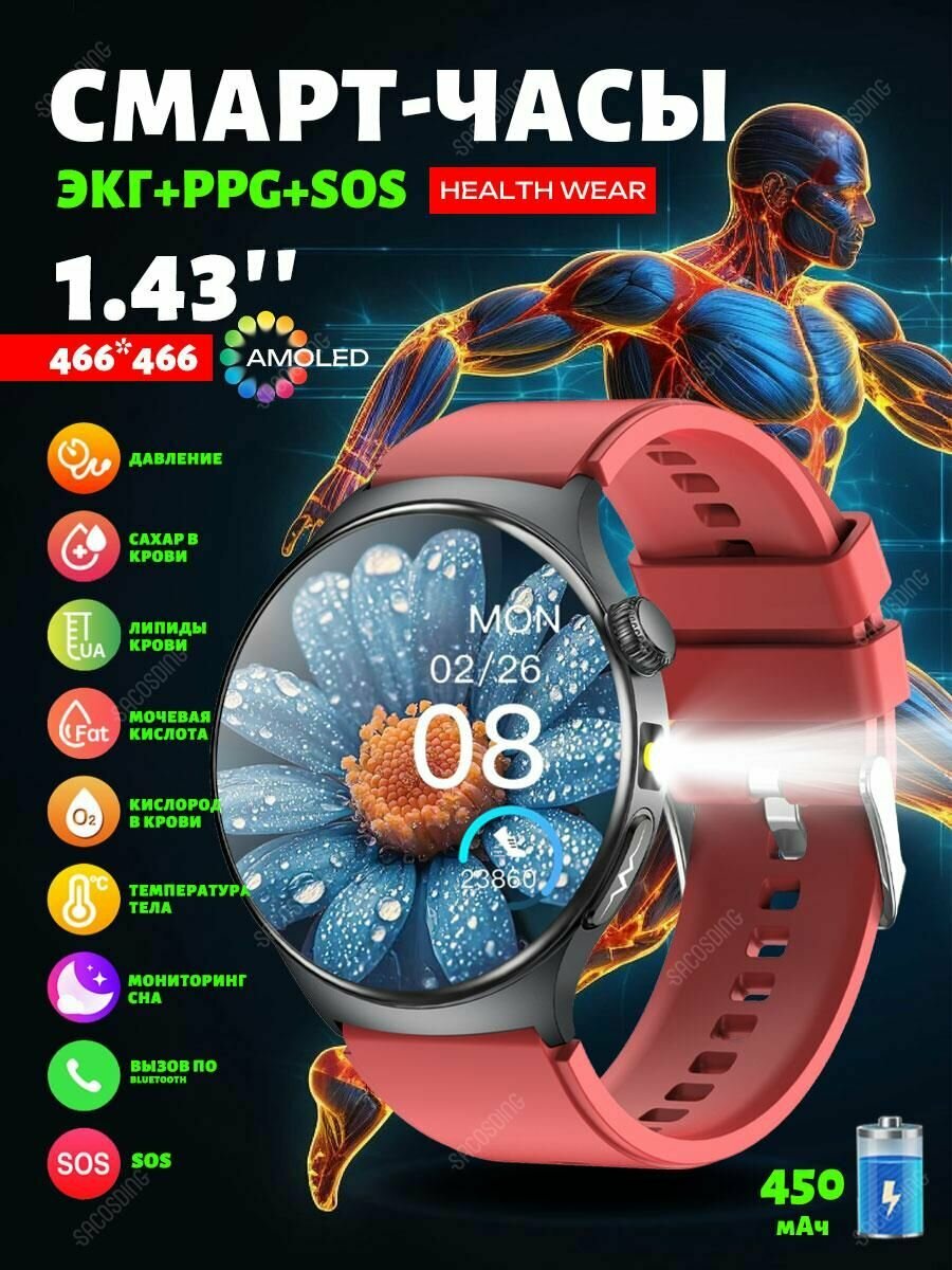 Умные смарт часы с ЭКГ, ВСР и глюкозой AMOLED 1.43, Bluetooth звонки, SOS, здоровье и спорт для мужчин