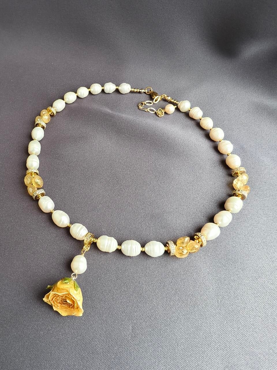 Бусы, жемчуг культивированный, цитрин