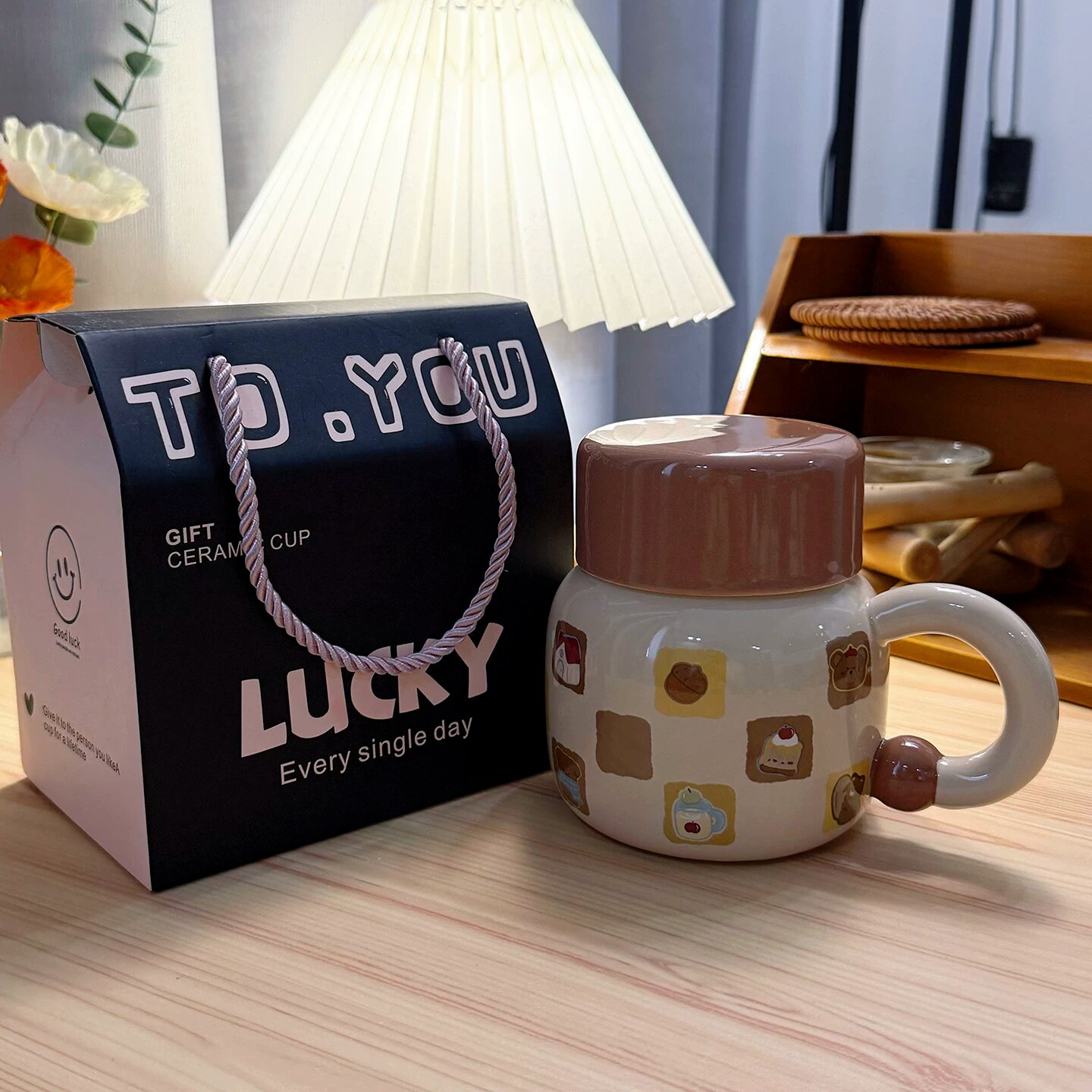 Керамическая кружка с крышкой, подарочный набор 'Lucky' с цветочным узором для пар, элегантная посуда