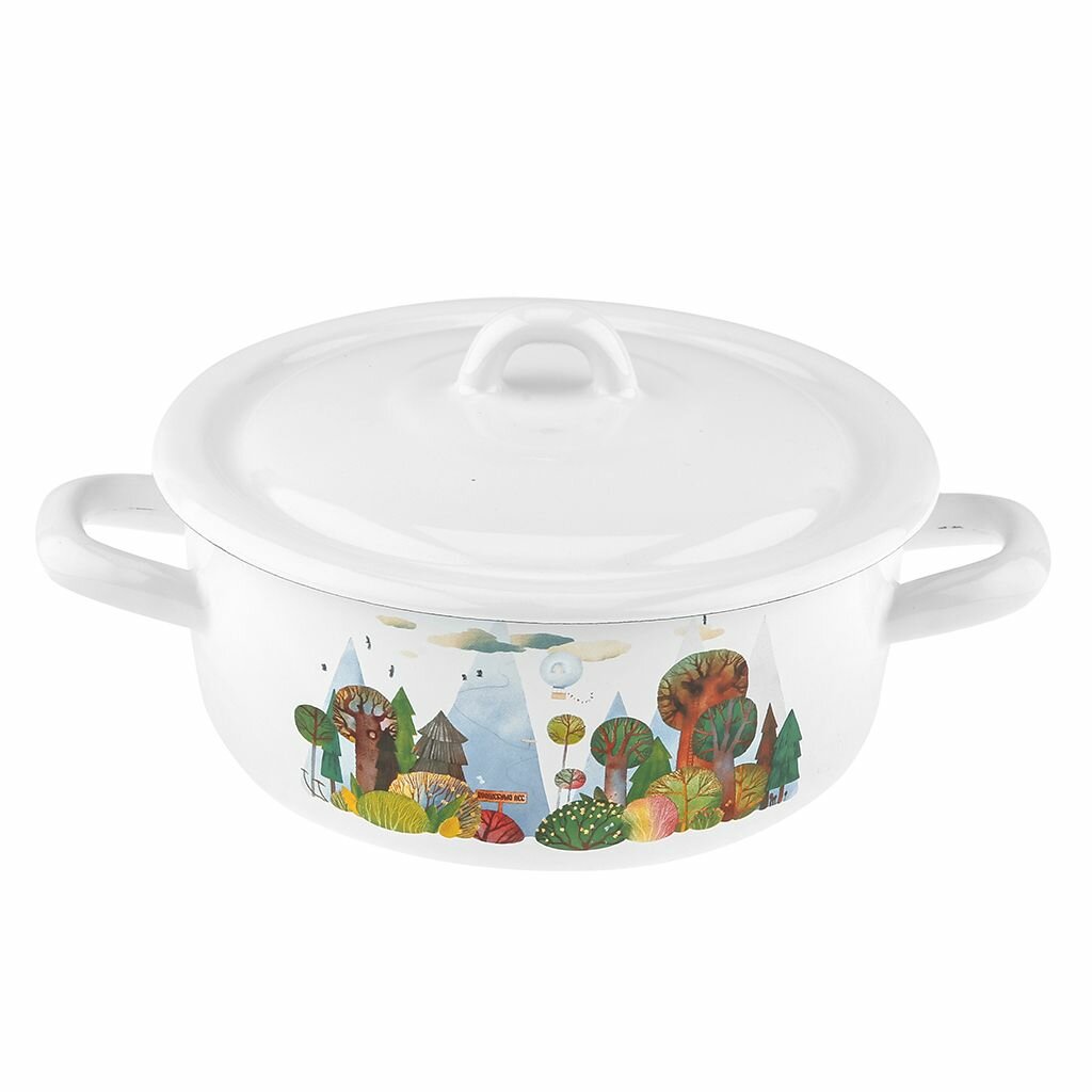 Кастрюля Лысьвенские эмали "Волшебный лес", эмалированная, 1,45 л, форма цилиндрическая, металлическая крышка (С-16072/4Э)