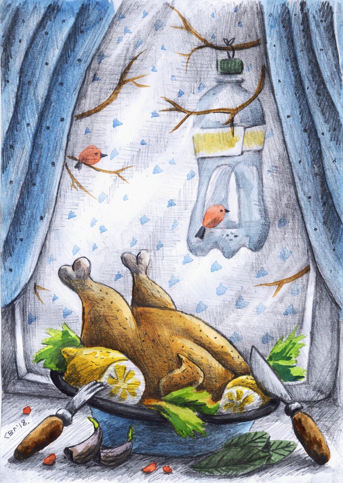 Картина от руки с юмором "Птички у окна", акварель, карандаш, ручная работа, 21х15 см