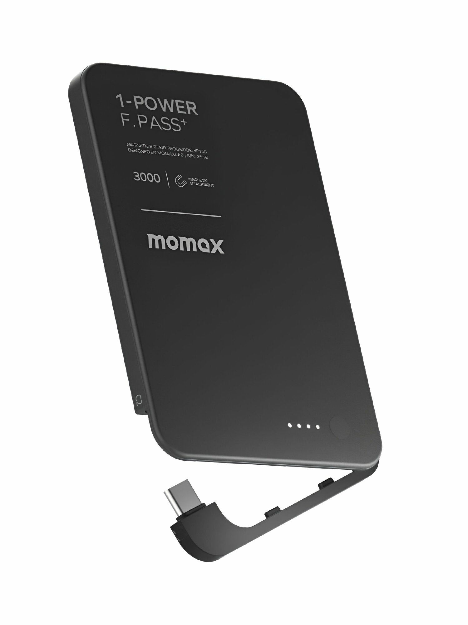 Внешний аккумулятор Momax 1-Power F. Pass+ 3000 mAh со встроенным кабелем Type-C (IP160) - Black