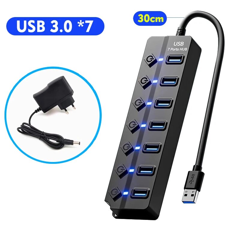 USB 3.0 хаб JUMPEAK 7 портов с блоком питания, 30cm
