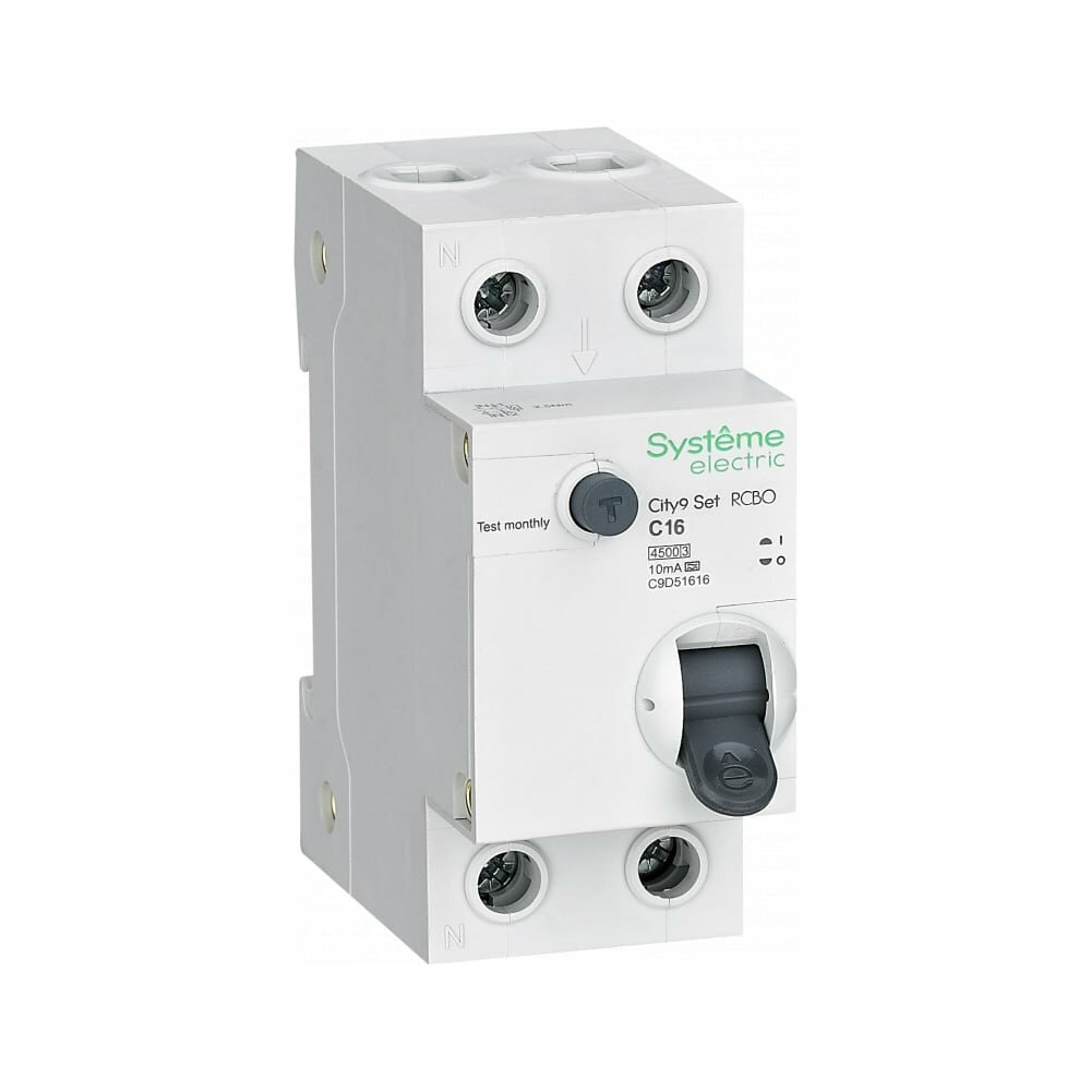 Автоматический выключатель дифференциального тока Systeme Electric АВДТ City9 set 1p+n с, 16 А, 4.5 kА, 10 мА, тип-a, 230 В C9D51616