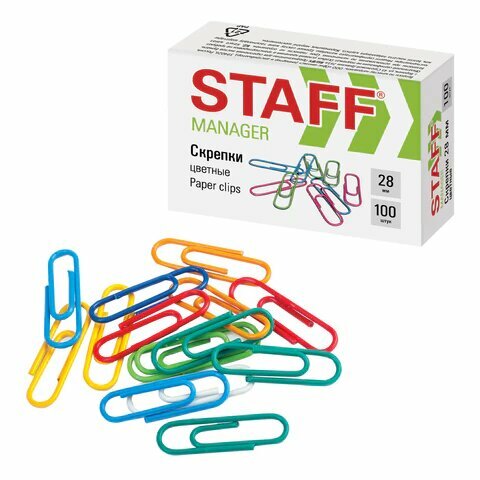 Скрепки STAFF "Manager", 28 мм, цветные, 100 шт, в картонной коробке, 226821