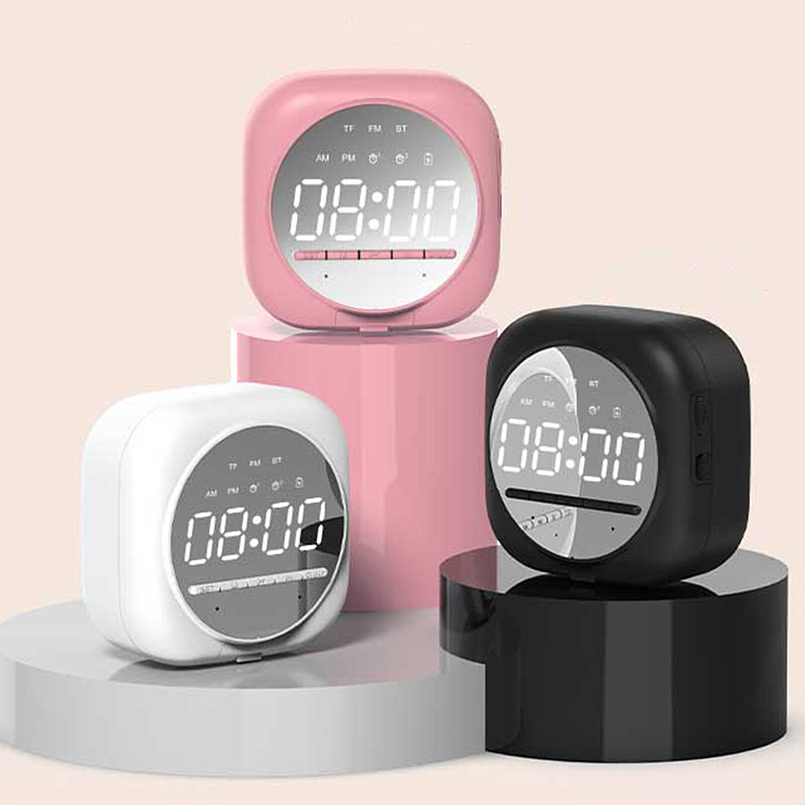 Bluetooth Speaker Alarm Clock LED Adjustable Brightness Multifunction Wireless Music Player, цвет: Розовый / Белый / Черный (по выбору), тип товара: Bluetooth Speaker, материал: Пластик, коммуникация: Bluetooth, источник питания: Встроенный литий-ионный