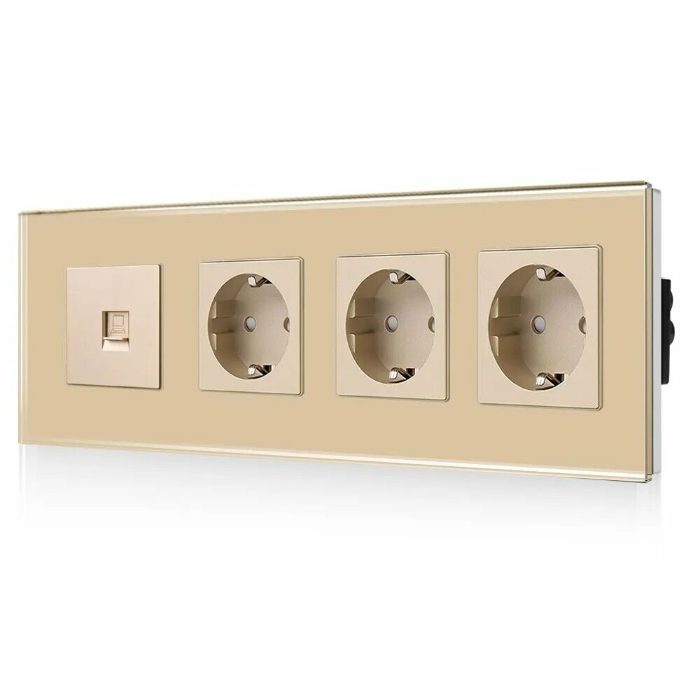 Розетка электрическая 4 поста 220В +Розетка RJ-45 CAT6 Ethernet золотая Стекло