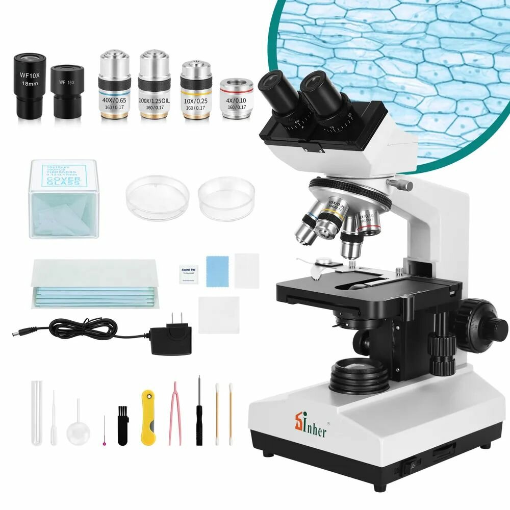 Микроскоп школьный, бинокулярный, со светодиодным освещением, для взрослых, с предметными стеклами, набор для лабораторного использования