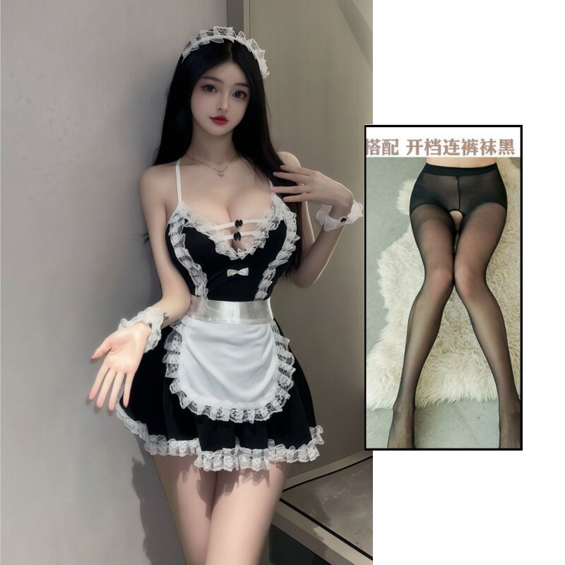 Милая и игривая форма горничной, соблазнительный наряд горничной, милый кружевной комплект нижнего белья для ролевых игр. Черно-белые чулки + черные чулки с открытой промежностью.