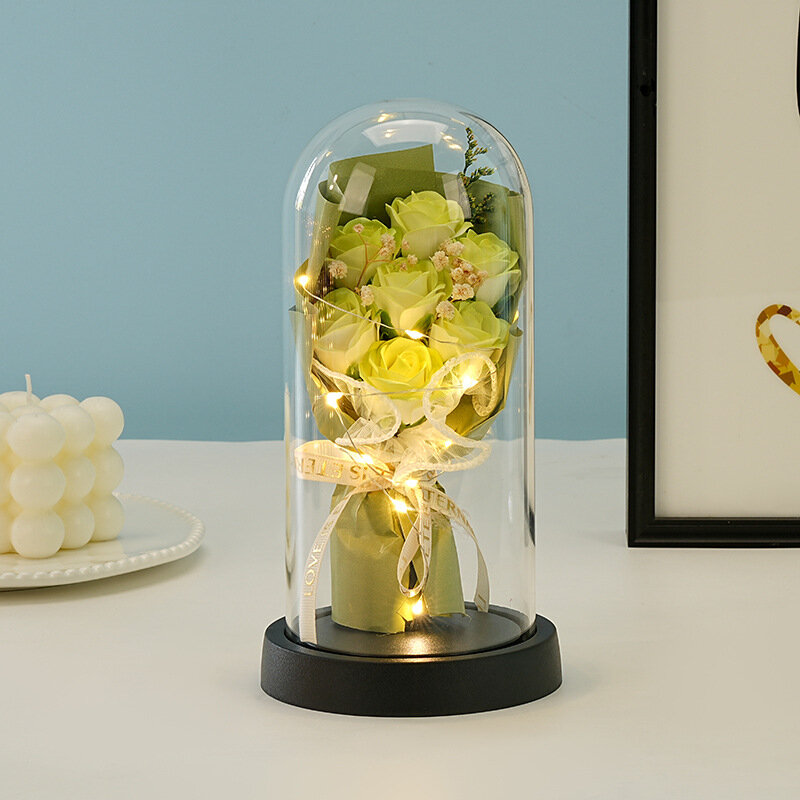 Букет вечных роз в стеклянном куполе, ночник, украшение, сухоцветы, гипсофила, подарок на День святого Валентина для девушки