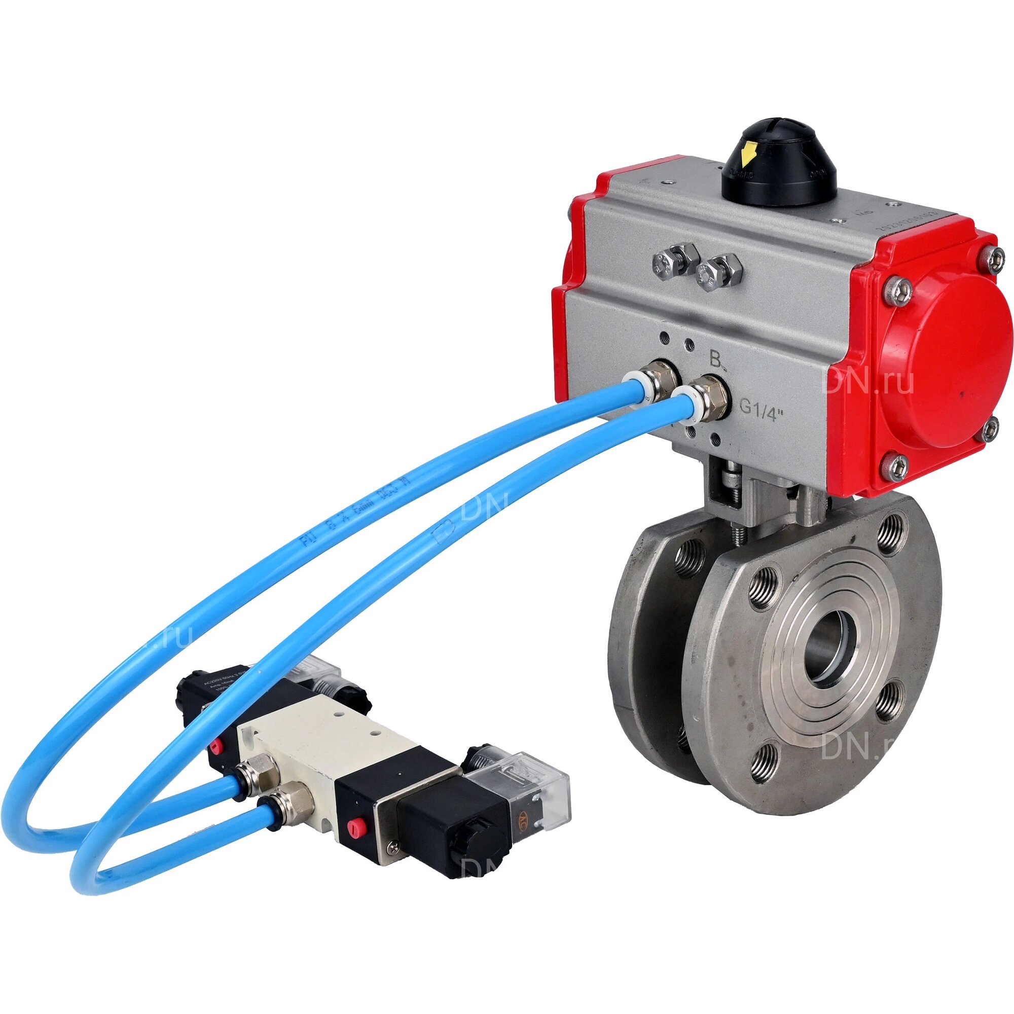 Кран шаровой DN.ru КШмФП 316.200 Ду15 Ру16, полнопроходной межфланцевый, нержавеющая сталь SS316, уплотнение - PTFE, с пневмоприводом DA-052 двойного действия, с пневмораспределителем PND1-S2EM-52-2-T10-220VAC