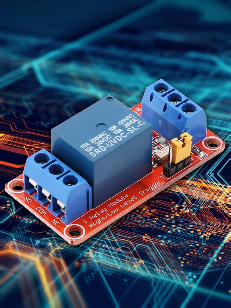 Одноканальный модуль реле с оптопреобразователем 12В: высокий/низкий триггер, изоляция оптопреобразователем, нагрузка AC 250В/10A DC 30В/10A, индикаторы, размеры 502618.5мм