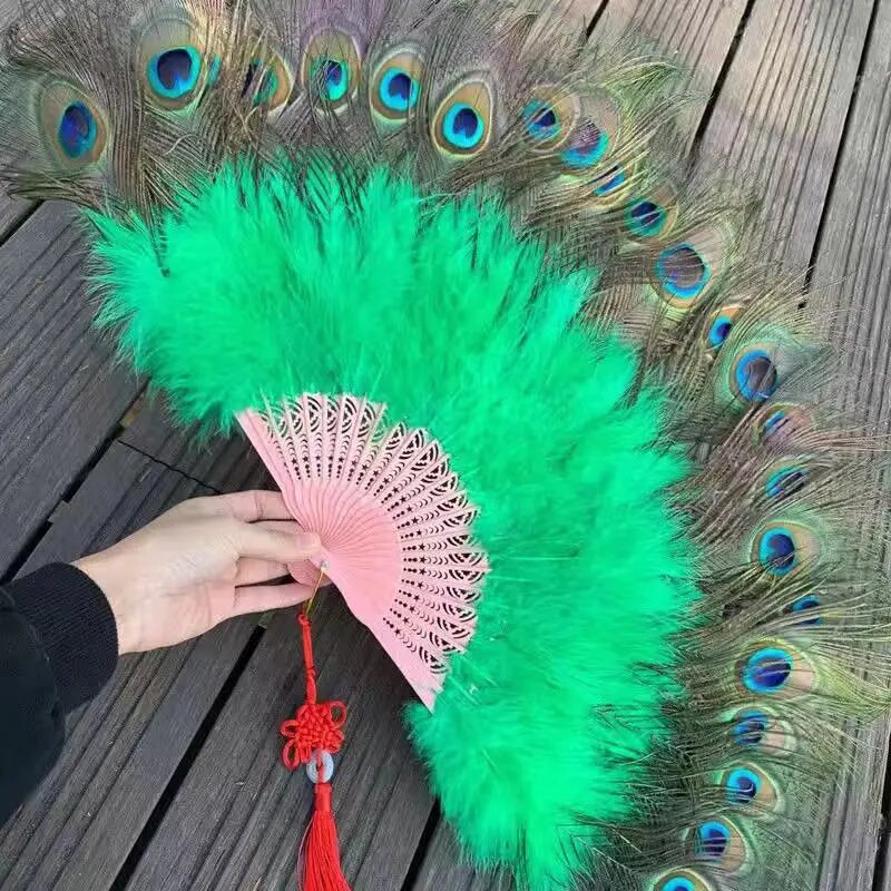 Складной веер с перьями Бирюзовый, Green