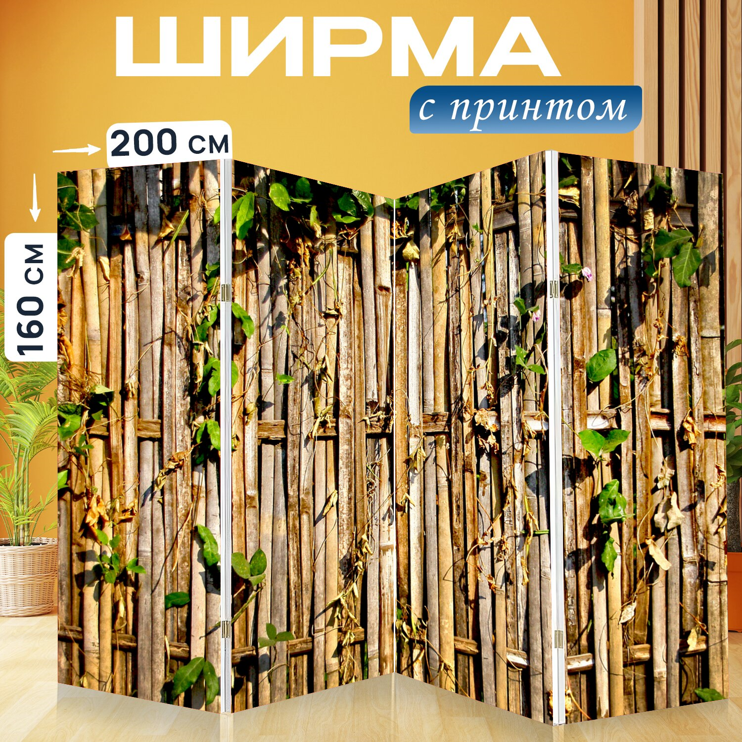 Ширма "Бамбук, природный матерал, тайский бамбук" перегородка для зонирования комнаты с принтом 200x160 см. на холсте