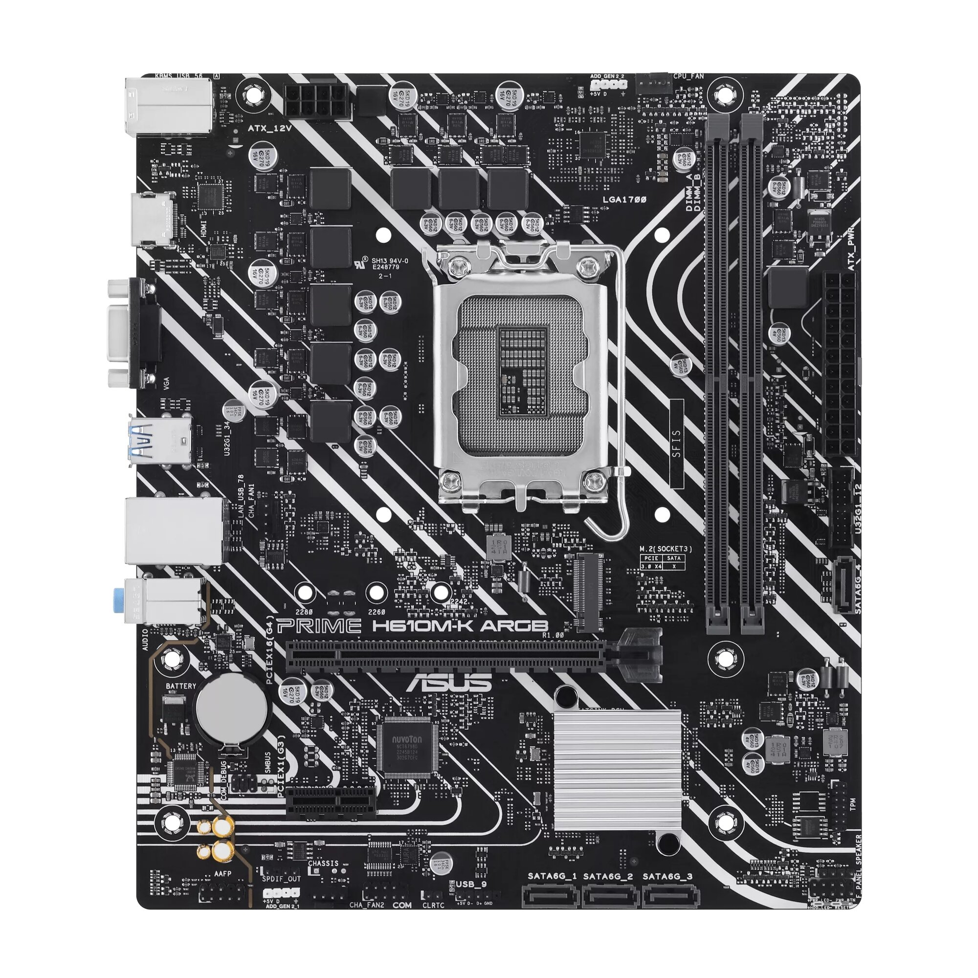 Материнская плата ASUS PRIME H610M-K ARGB, LGA1700, Intel H610, 2xDDR5, 4xSATA, 1xM.2, 1xPCIe 4.0 x16, 1xPCIe 3.0 x1, 1xVGA, 1xHDMI, 1x1Gb LAN, 2xUSB-A 5Gbps, 4xUSB-A 2.0, 3x3.5 мм, 7.1, mATX