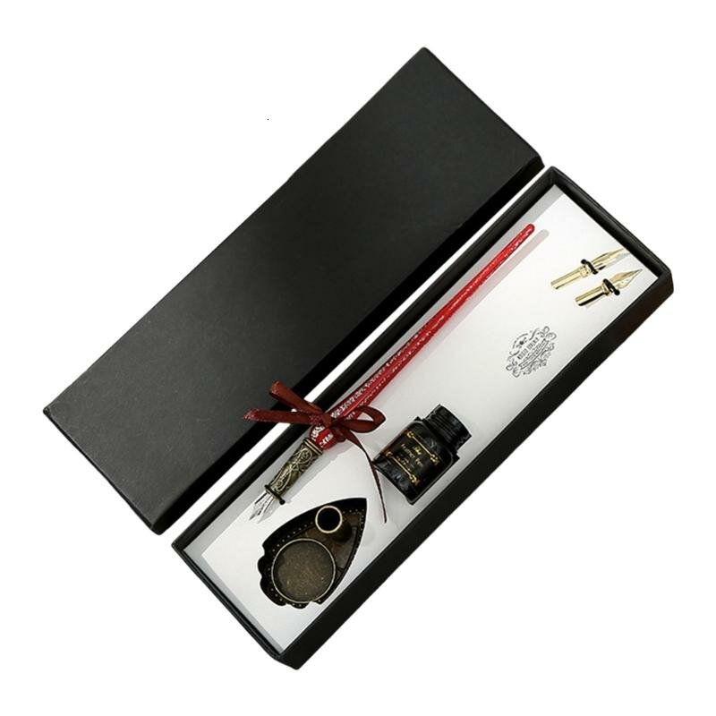 Набор стеклянных перьев для каллиграфии с чернилами, красный