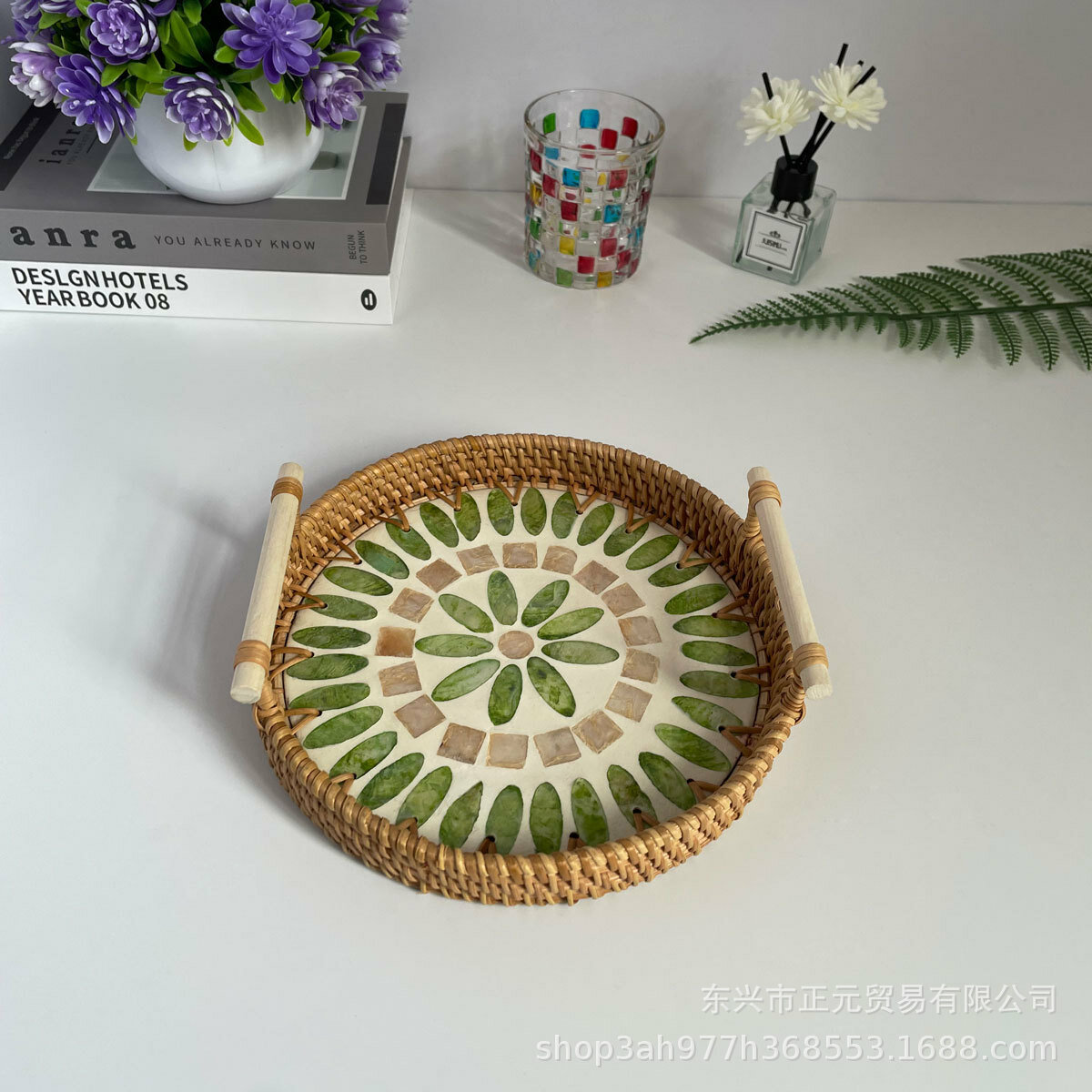 Вьетнамский поднос из ротанга с цветными ракушками, плетеная корзина для хранения закусок, поднос для десертов, фруктов, хлеба и чая