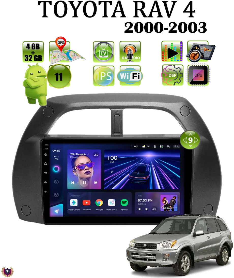 Автомагнитола для Toyota Rav4/Тойота Рав 4 (2000-2003), Android 11, 4/32 Gb, Wi-Fi, Bluetooth, CarPlay, GPS, поддержка кнопок на руле