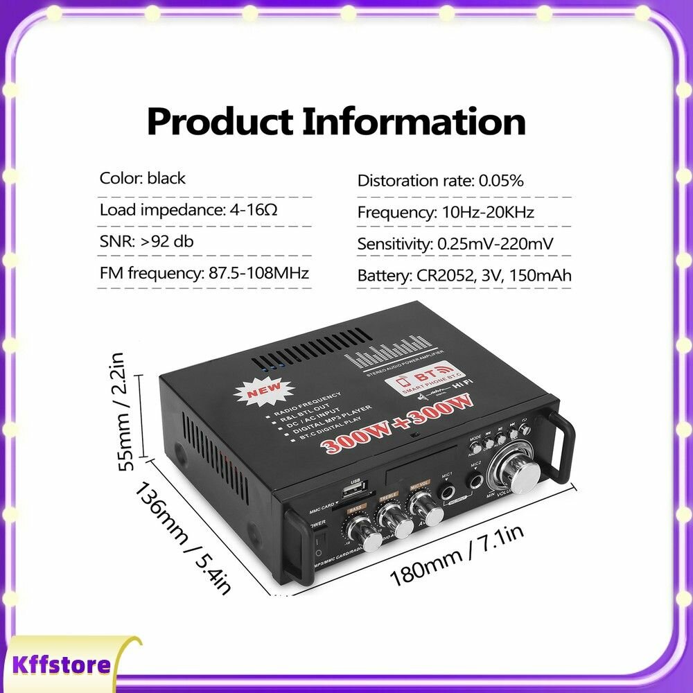 Мини усилитель мощности 2CH, BT, FM-радио, ЖК-дисплей, 600 Вт, пульт ДУ