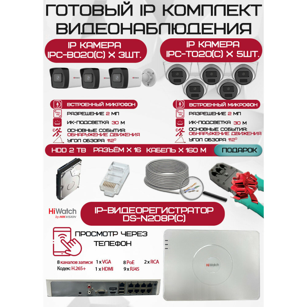 Готовый комплект видеонаблюдения HiWatch на 8 IP камер - 2Мп 1080P (DS-N208P(C) + 3xIPC-B020(C) + 5xIPC-T020(C) + 1хHDD Seagate SkyHawk 2ТБ + Кабель UTP U5e-4x2x0.48 Cu indoor - 160м)