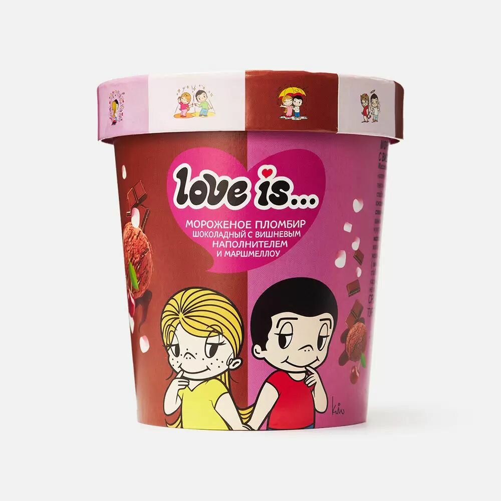 Мороженое ведро Love is пломбир шоколадный с вишней наполнителем и маршмеллоу 270 гр