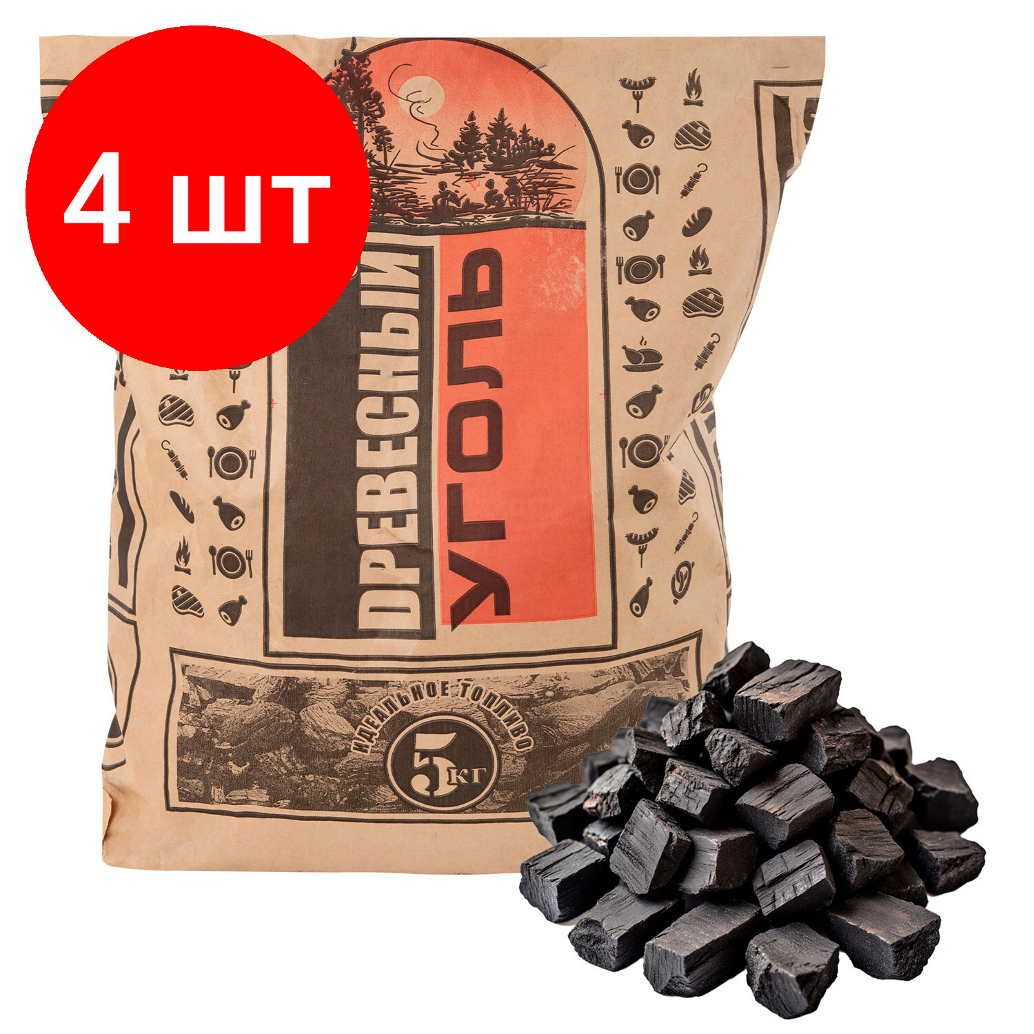 Комплект 4 шт, Уголь древесный 5 кг, 701763