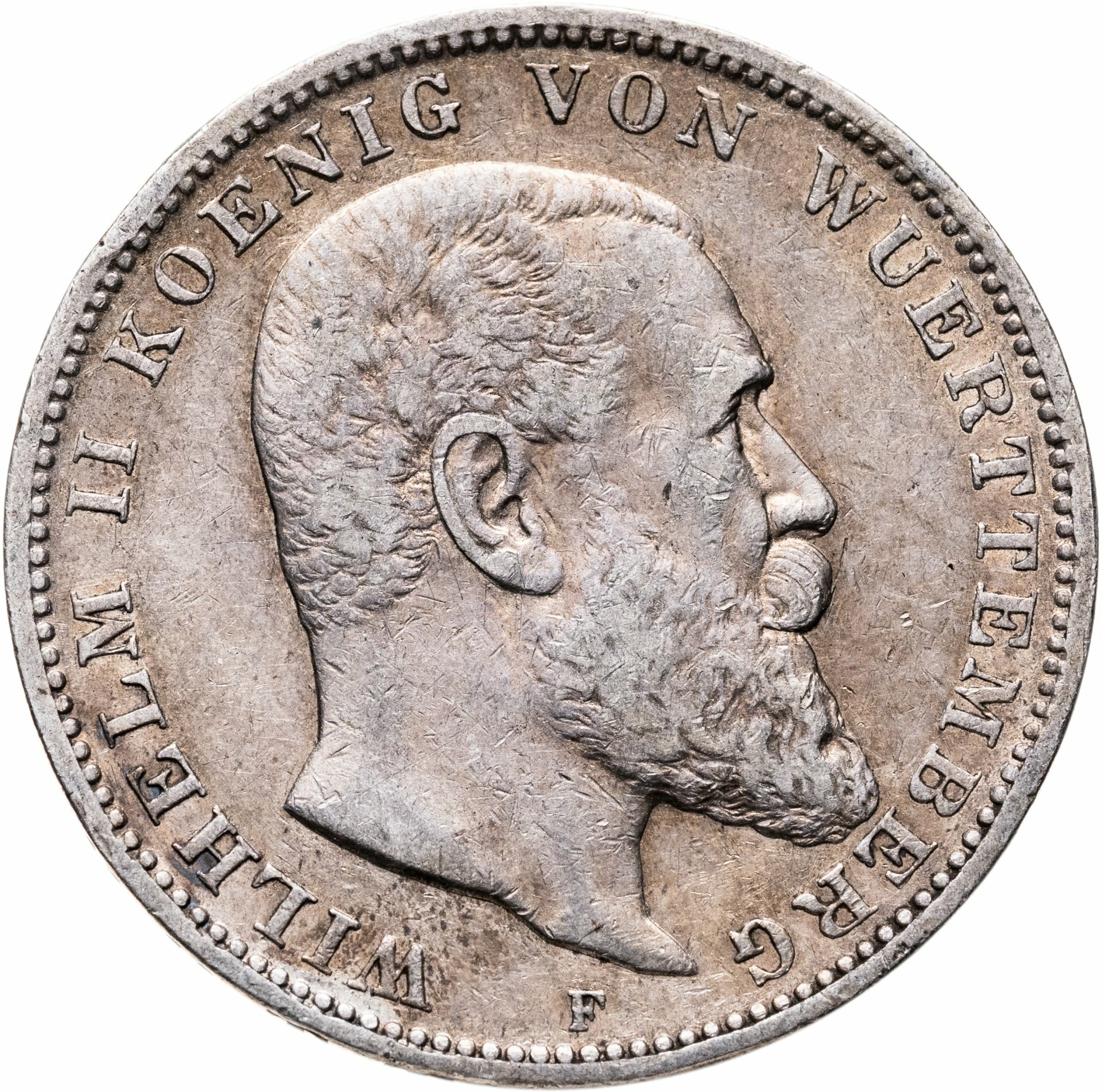 Германская Империя, Вюртемберг 3 марки 1909 F, Серебро 900, в сохранности VF-XF