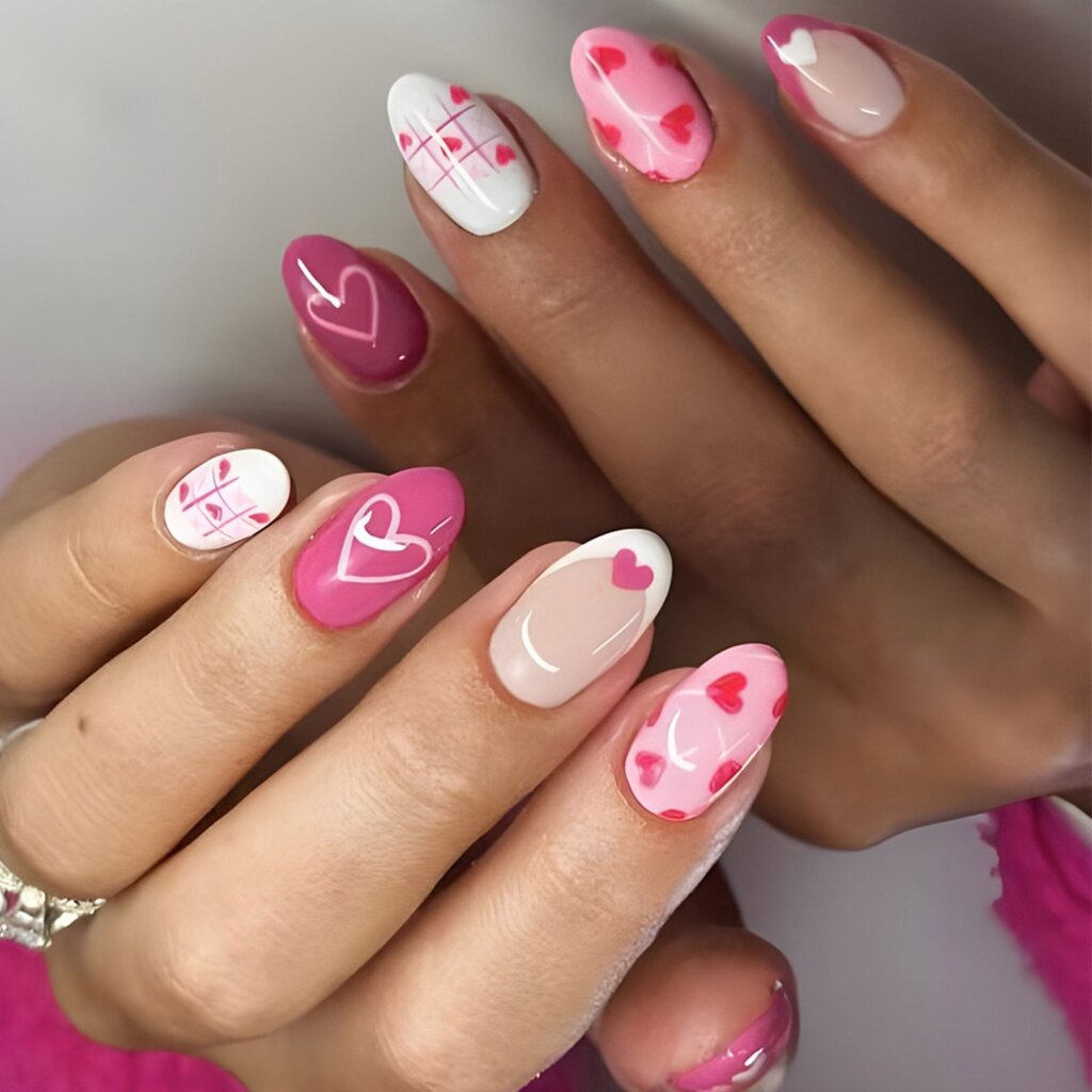 24x Акриловый Ноготь На День Святого Валентина Розовое Сердечко Накладной Ноготь Френч-Пресс На Ногте
