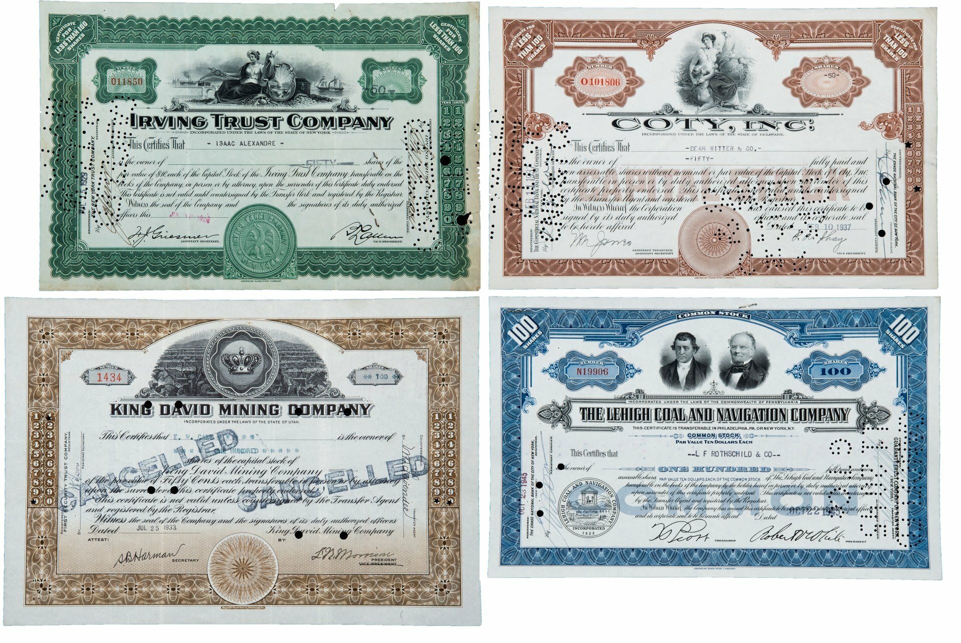 Акция США Набор из 4-х штук 1929-1945гг