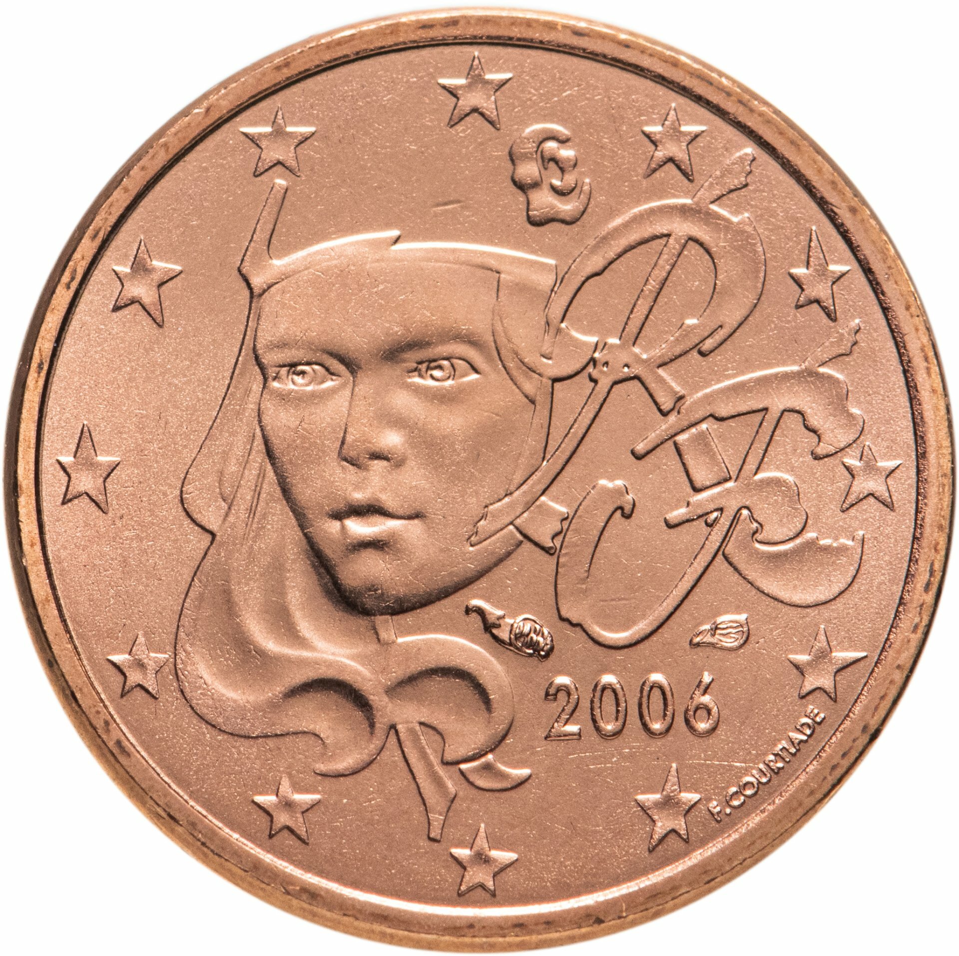Франция 1 евро цент euro cent 2006, Сталь, плакированная медью, в сохранности UNC