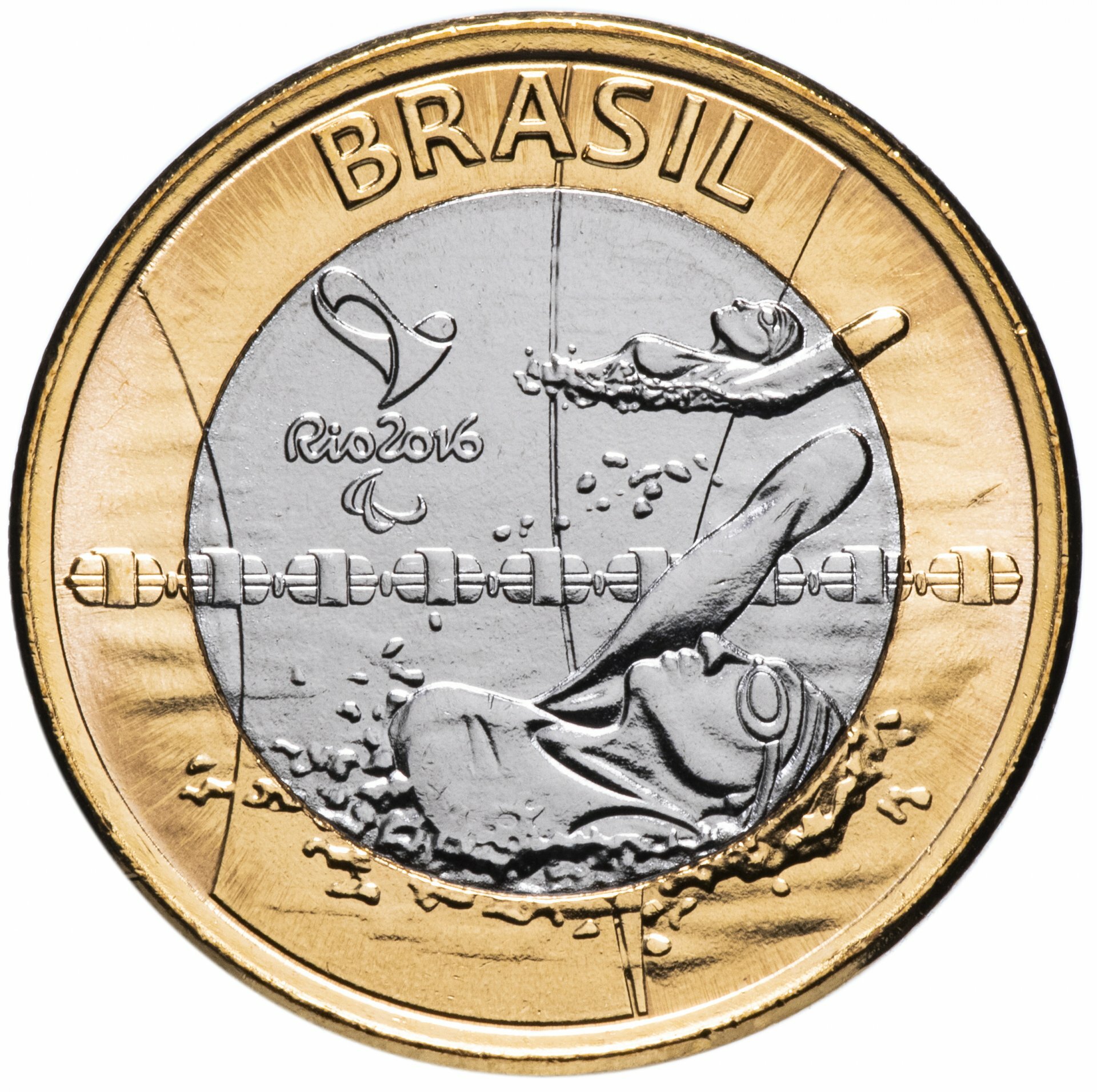 Бразилия 1 реал real 2016 "XV летние Паралимпийские Игры в Рио-де-Жанейро 2016 - паралимпийское плавание", Биметалл, в сохранности UNC