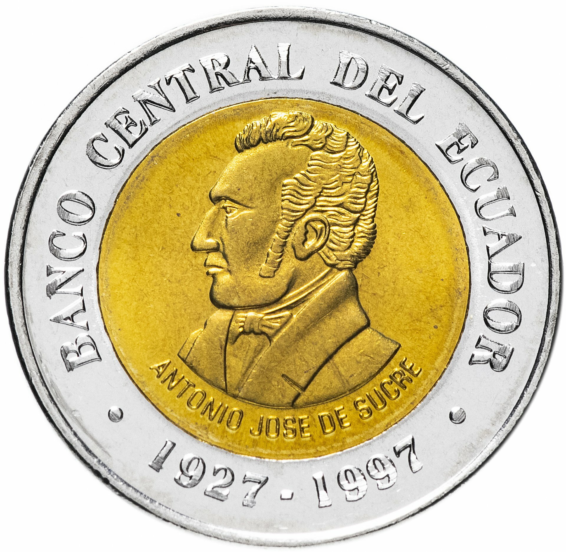 Эквадор 100 сукре sucres 1997 "70 лет Центробанку", Биметалл, в сохранности UNC