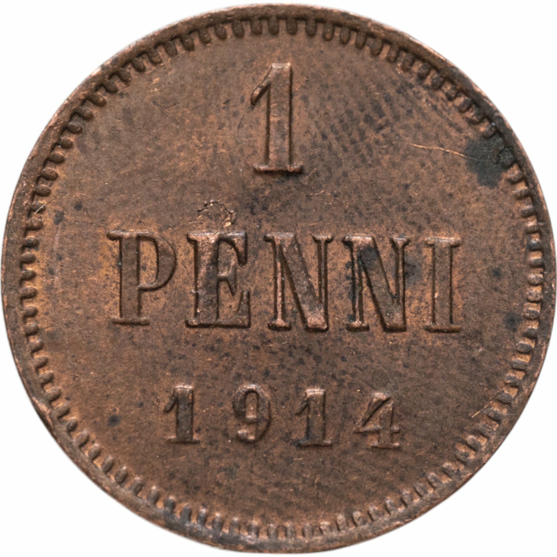 1 пенни penni 1914 Российская Финляндия, Медь, в сохранности AU