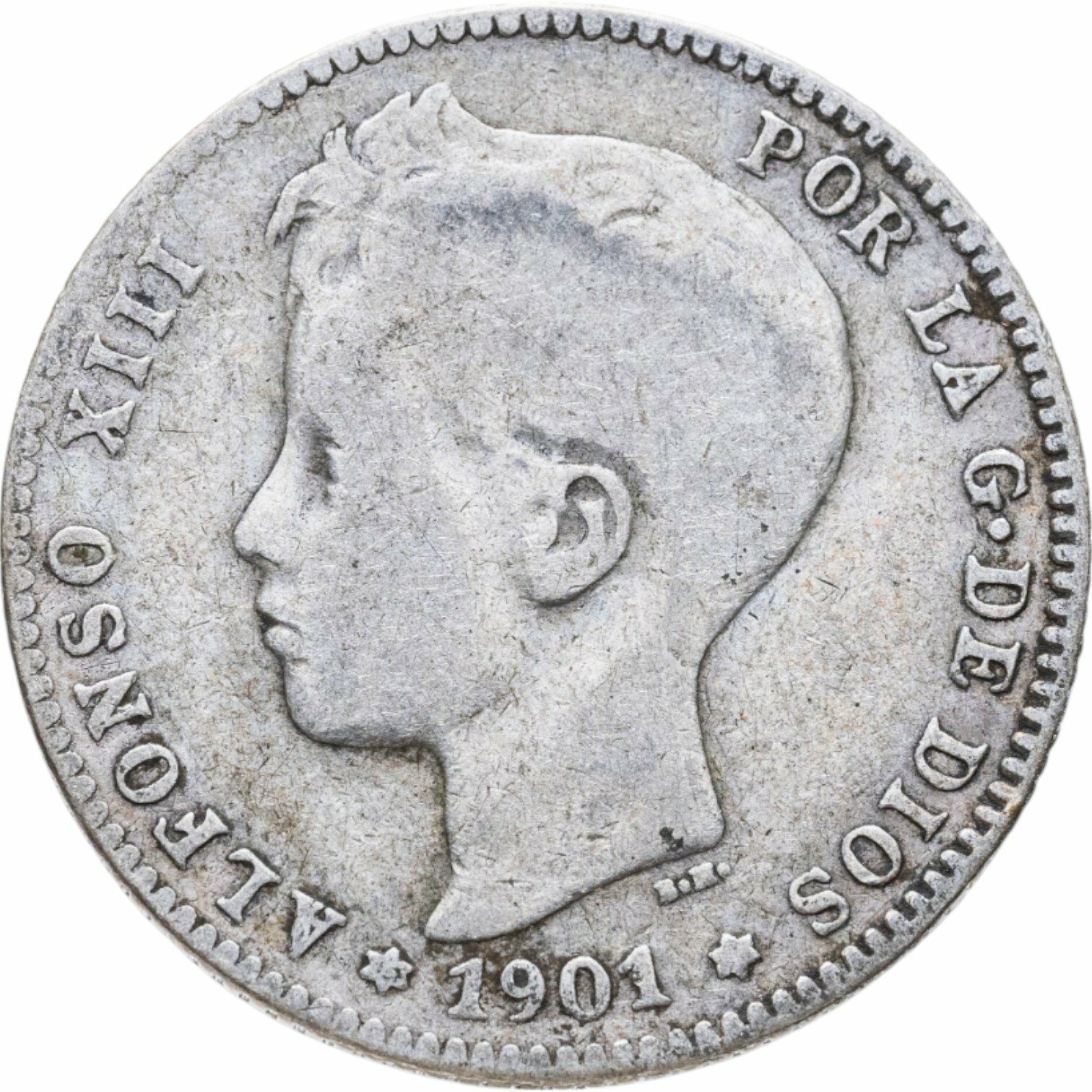 Испания 1 песета peseta 1901, Серебро 835, в сохранности VF-XF