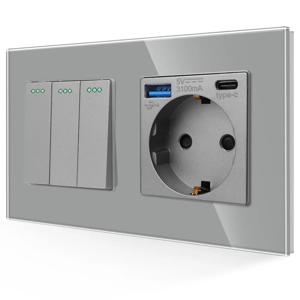 Выключатель Одноклавишный с розеткой ,3 клавиша, 1 розетка с USB и type-C, рамка закаленное стекло серый