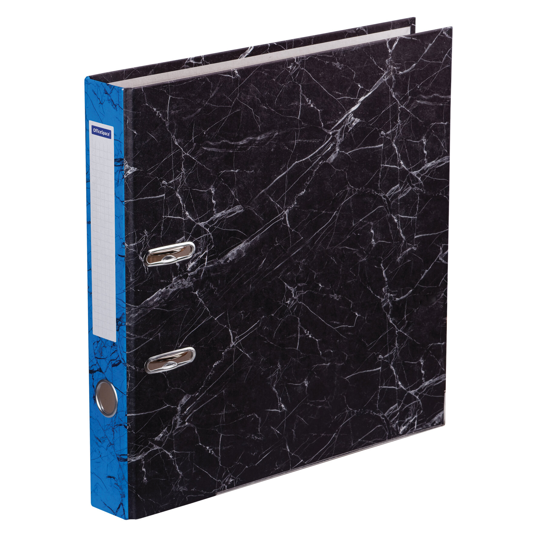 5 шт. Папка-регистратор OfficeSpace, 50мм, мрамор, черная, синий корешок, нижний метал. кант