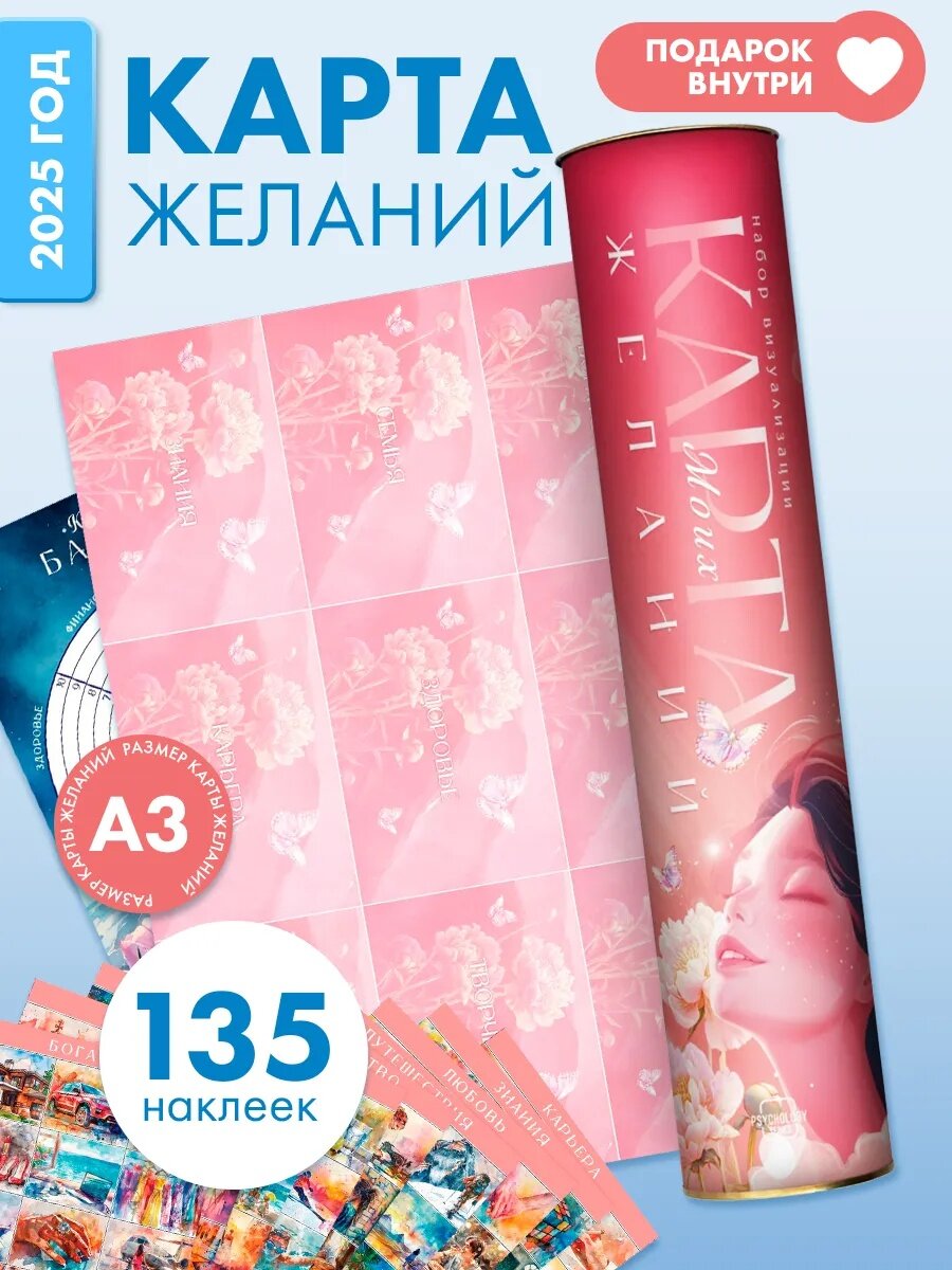 Подарочный набор "Все сбудется", карта желаний в тубусе, для визуализации, 9 в 1, для подарка, 16+