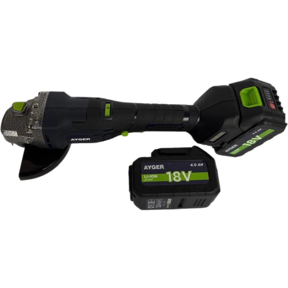 Углошлифовальная аккумуляторная бесщеточная машина AYGER AG18BL4 new, Li‑Ion аккумулятор, виброручка, регулируемый кожух