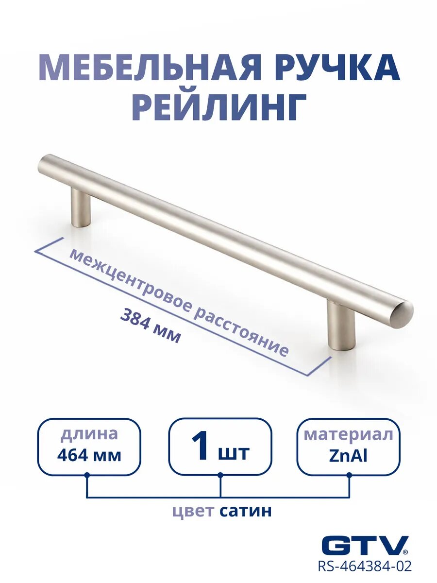 Ручки - рейлинг для мебели 384 мм GTV RS-464384-02, 1шт металл цвет сатин