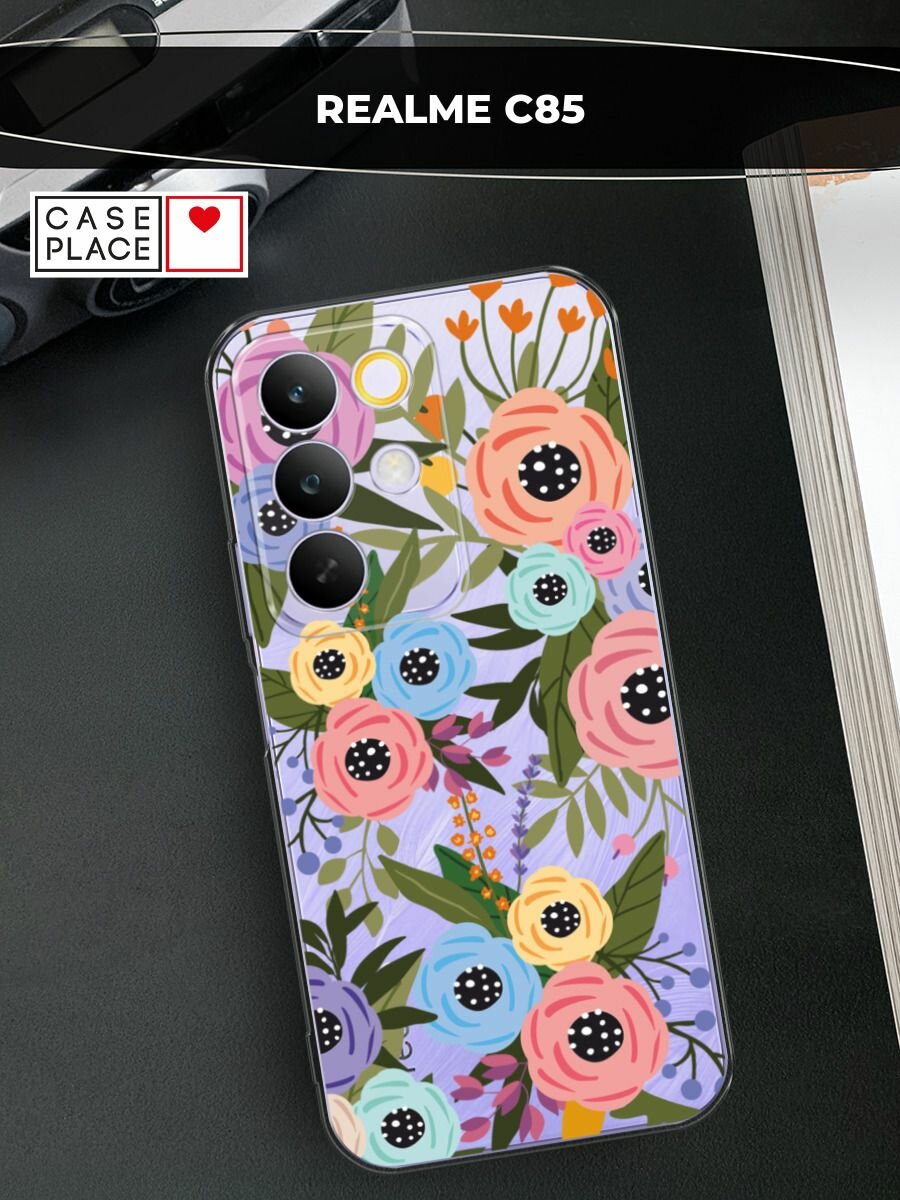 Чехол на Realme C85 / Реалми C85 с принтом Pattern of colored flowers, прозрачный