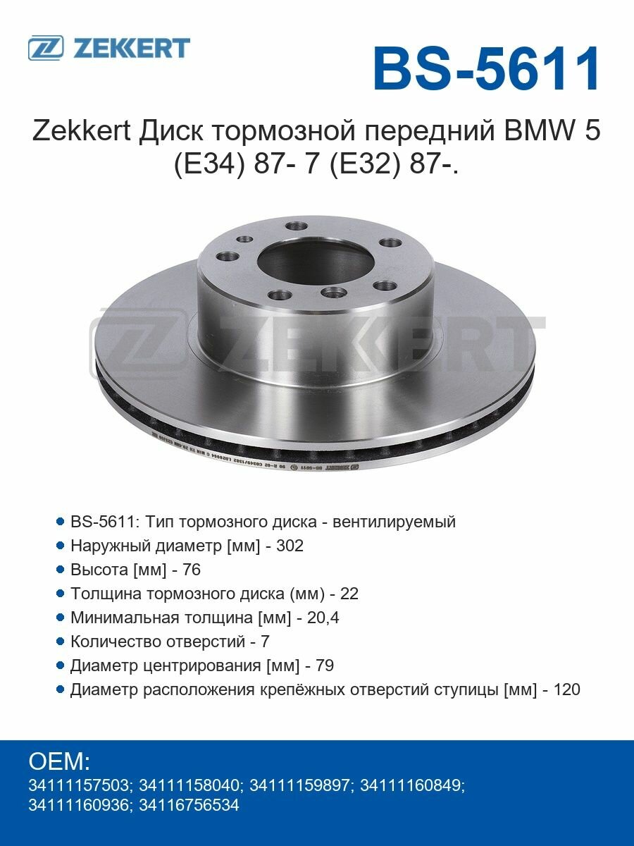Zekkert Диск тормозной передний BMW 5 (E34) 87- 7 (E32) 87-.
