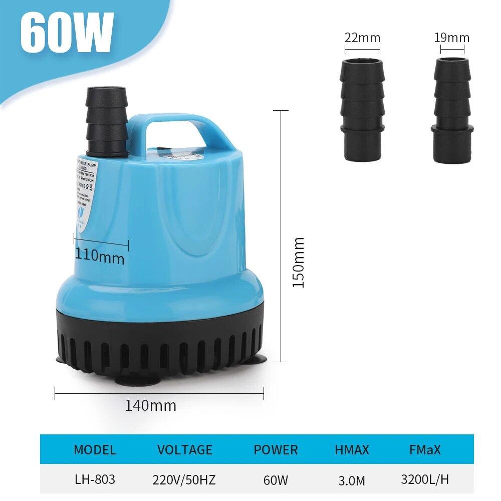 Подводный насос аквариумный 60W, 220V, 50Hz, голубой