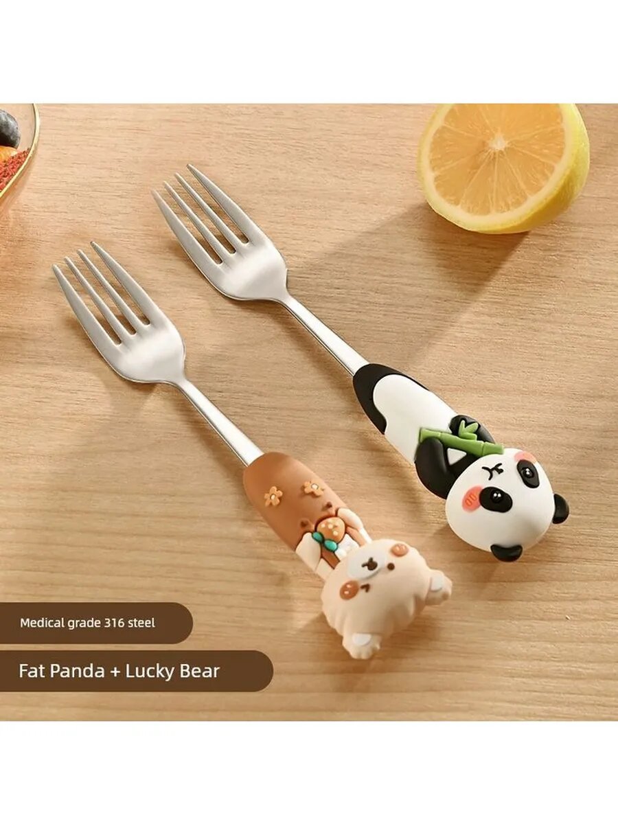 Детская вилка Pinpinpinu, 1 Мишка + 1 Панда, сталь 316