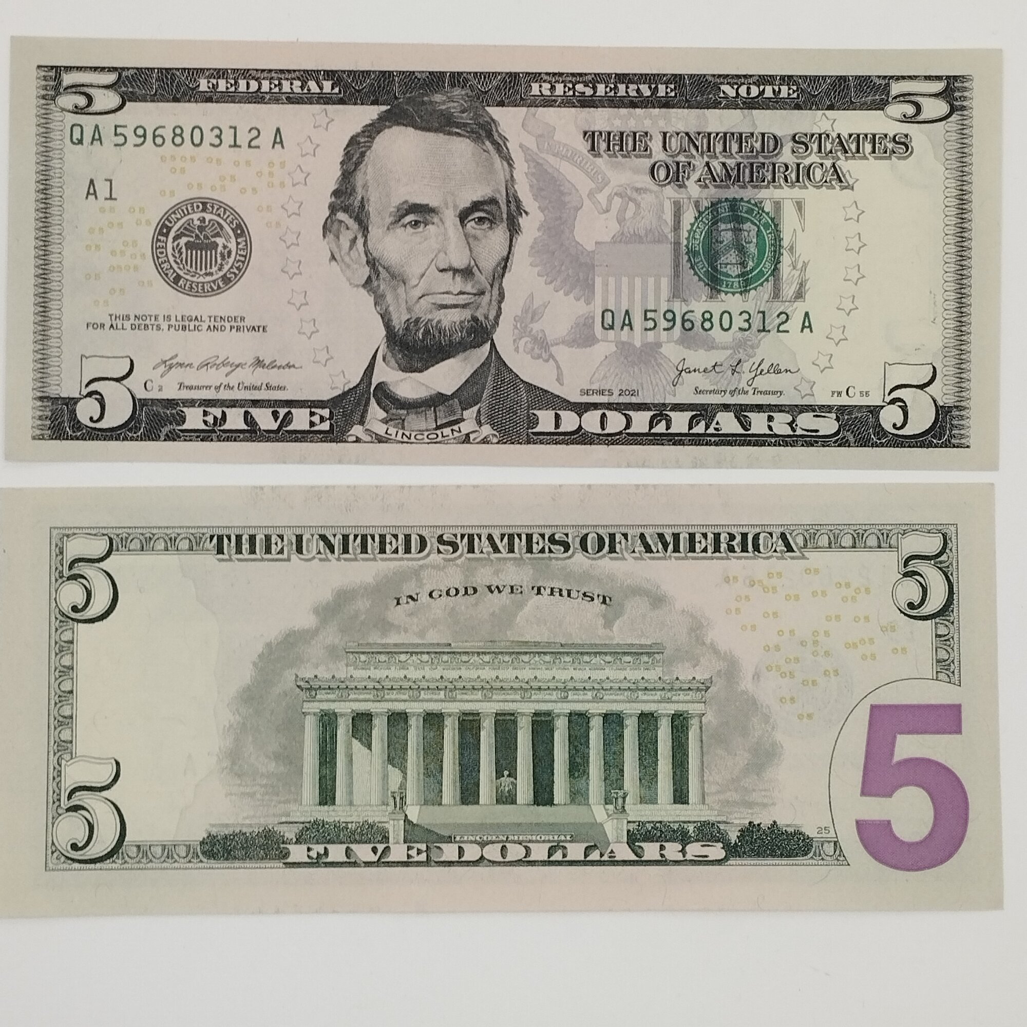 Банкнота. США. 5 доллар. 2021. D. Авраам Линкольн. AU