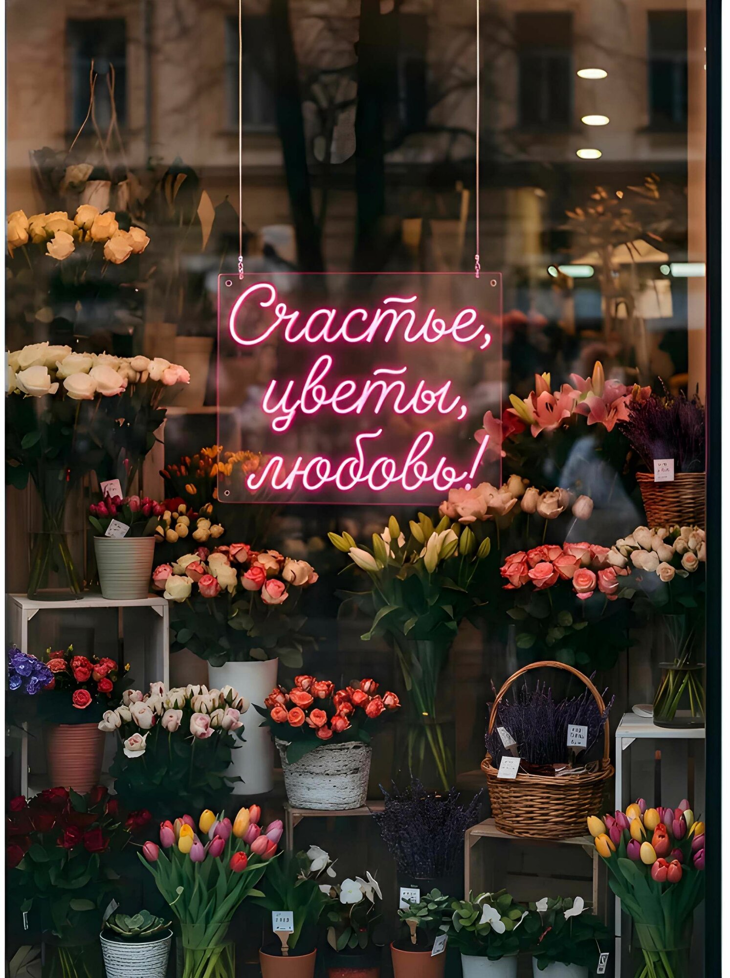 Неоновая вывеска "Счастье цветы любовь" 58х47 см, неоновая надпись, LED светильник для цветочного магазина
