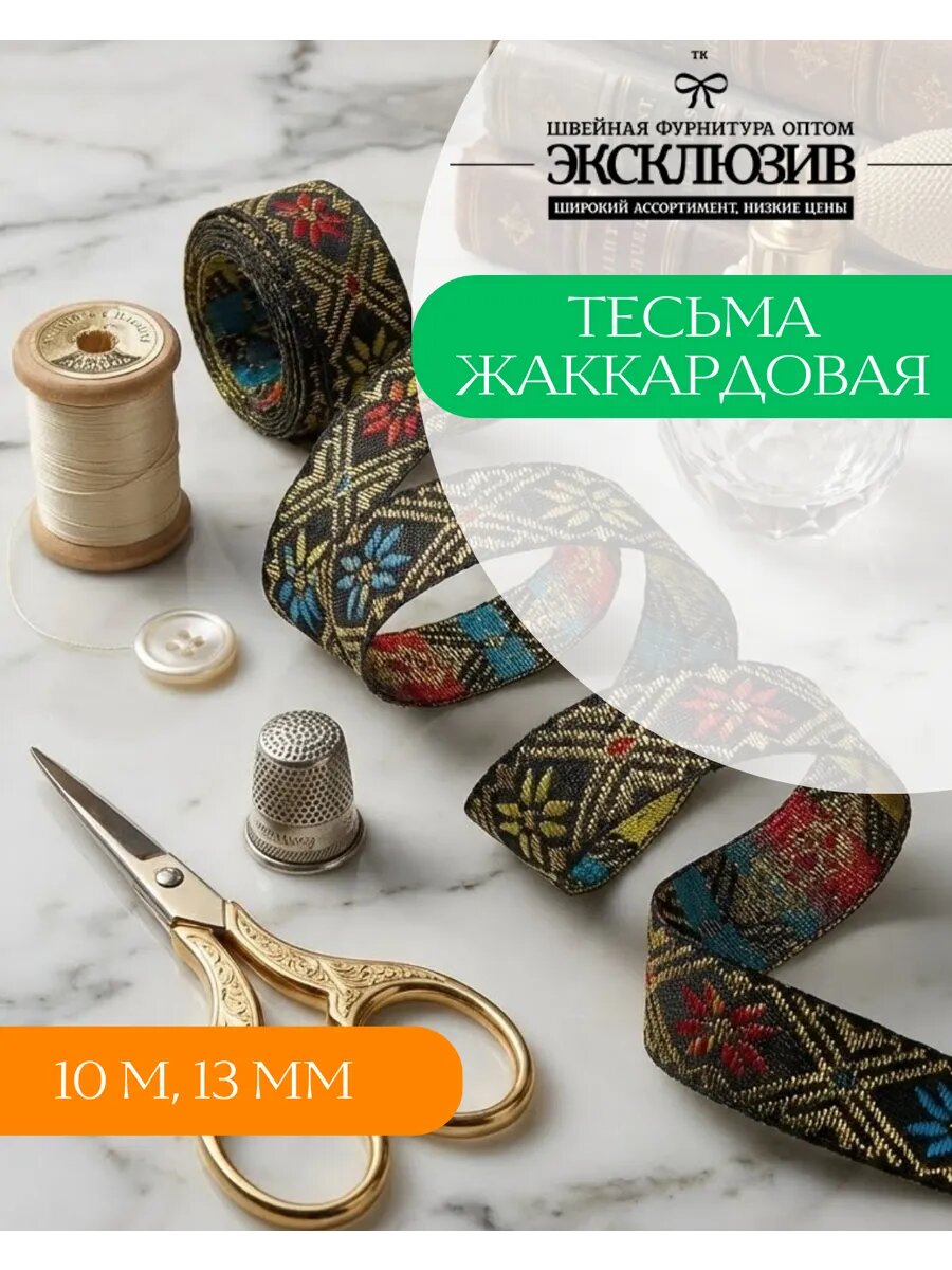 10 м, 13-14 мм Тесьма лента жаккардовая
