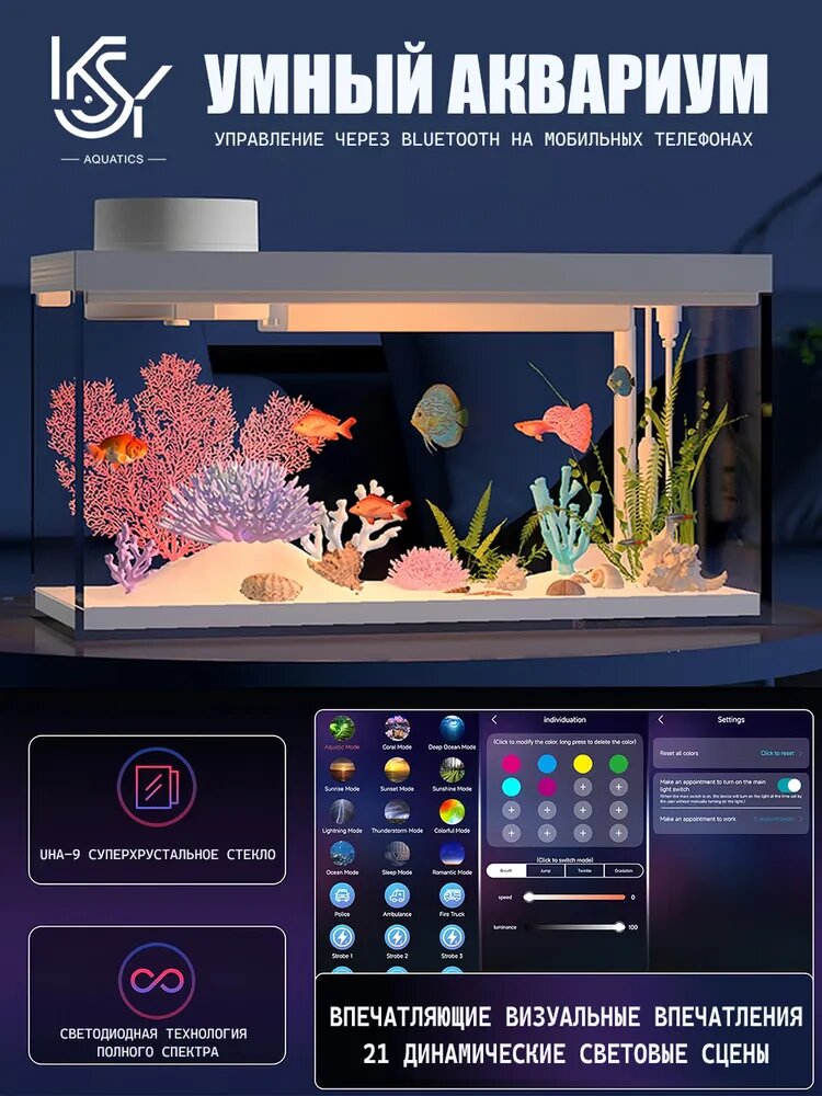 Умный аквариум XIAOMEI 5L с управлением с мобильного телефона, насосом, освещением и кормушкой, определением температуры, системой фильтрации